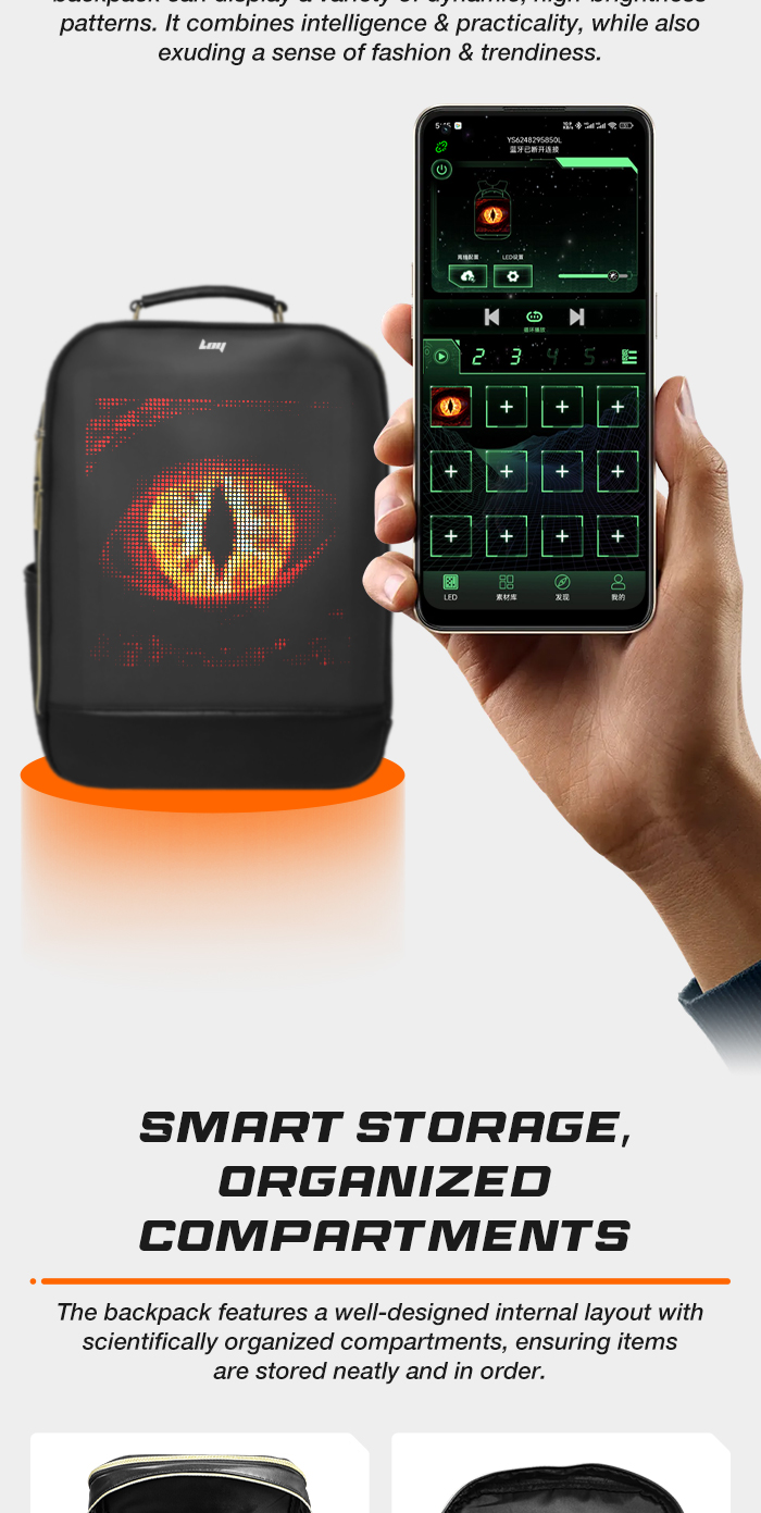 LOY Pixel Vault Led Backpack with Waterproof and customizable Lamps to display pixel art and in ...