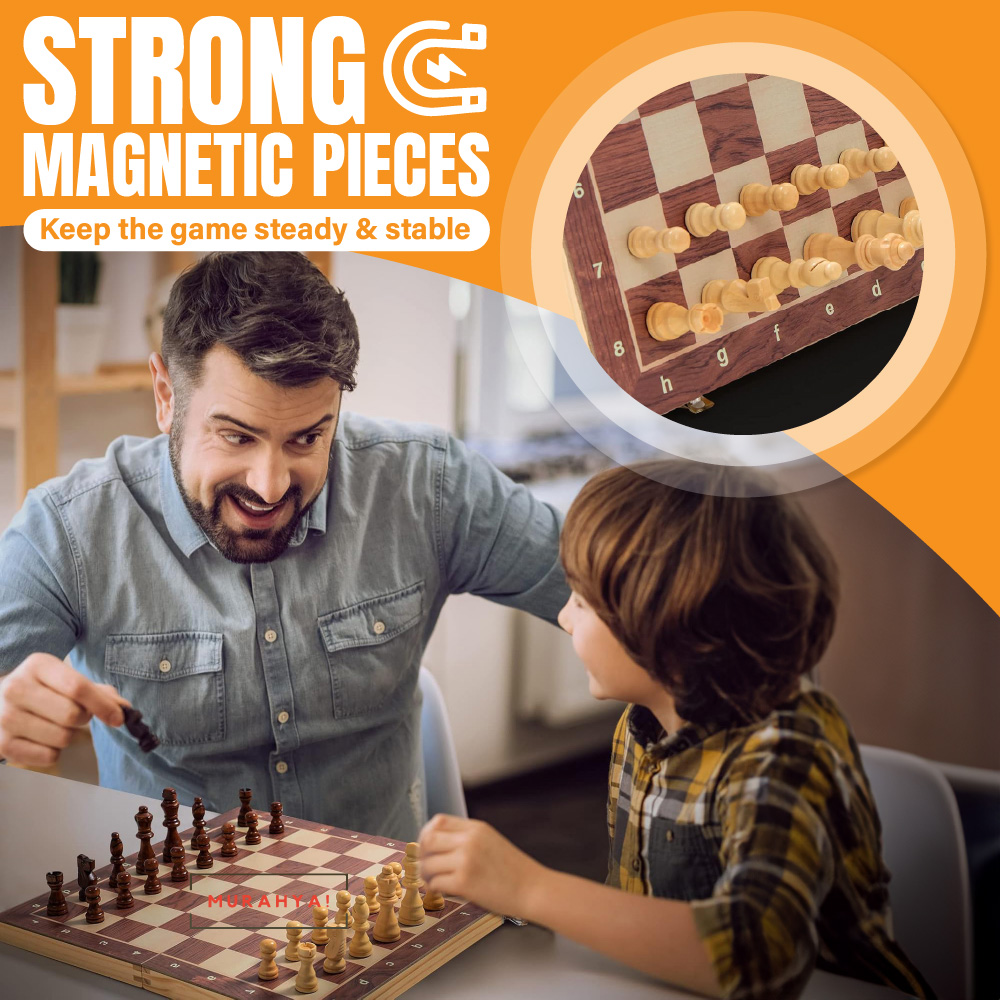 3 in 1 Chess Board Set Premium Wooden & Magnetic Folding Potable Chess ...