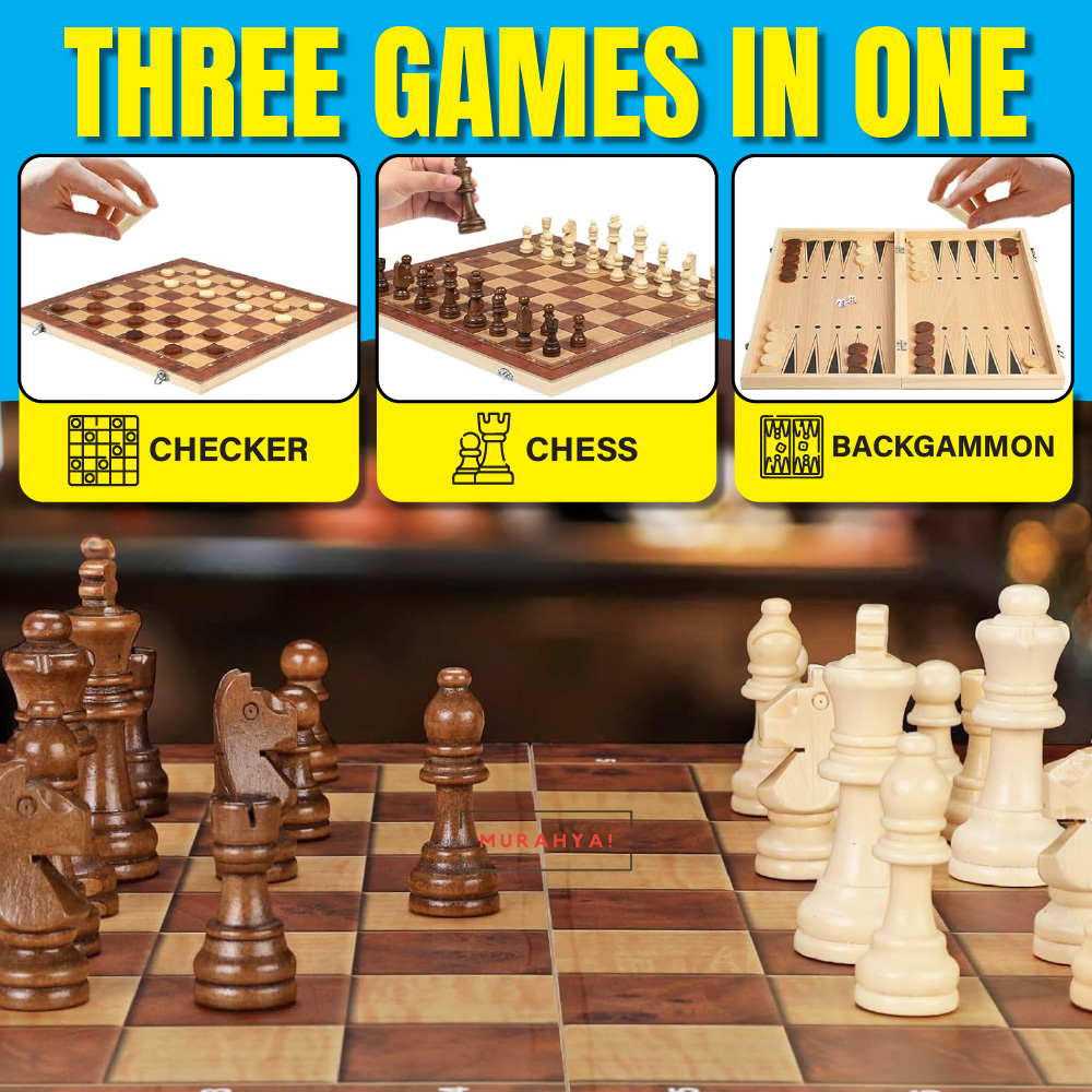 3 in 1 Chess Board Set Premium Wooden & Magnetic Folding Potable Chess ...