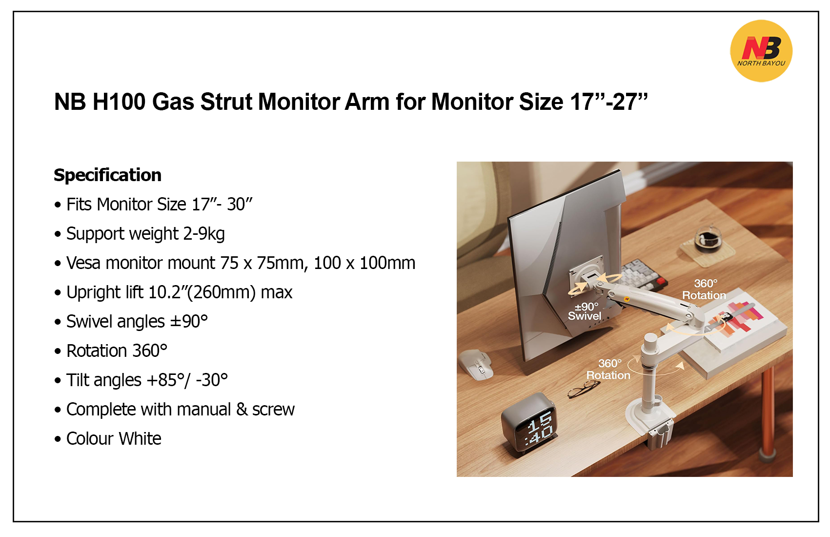 NB North Bayou H100 Gas Strut Monitor Mount Arm Support Monitor 17 ...