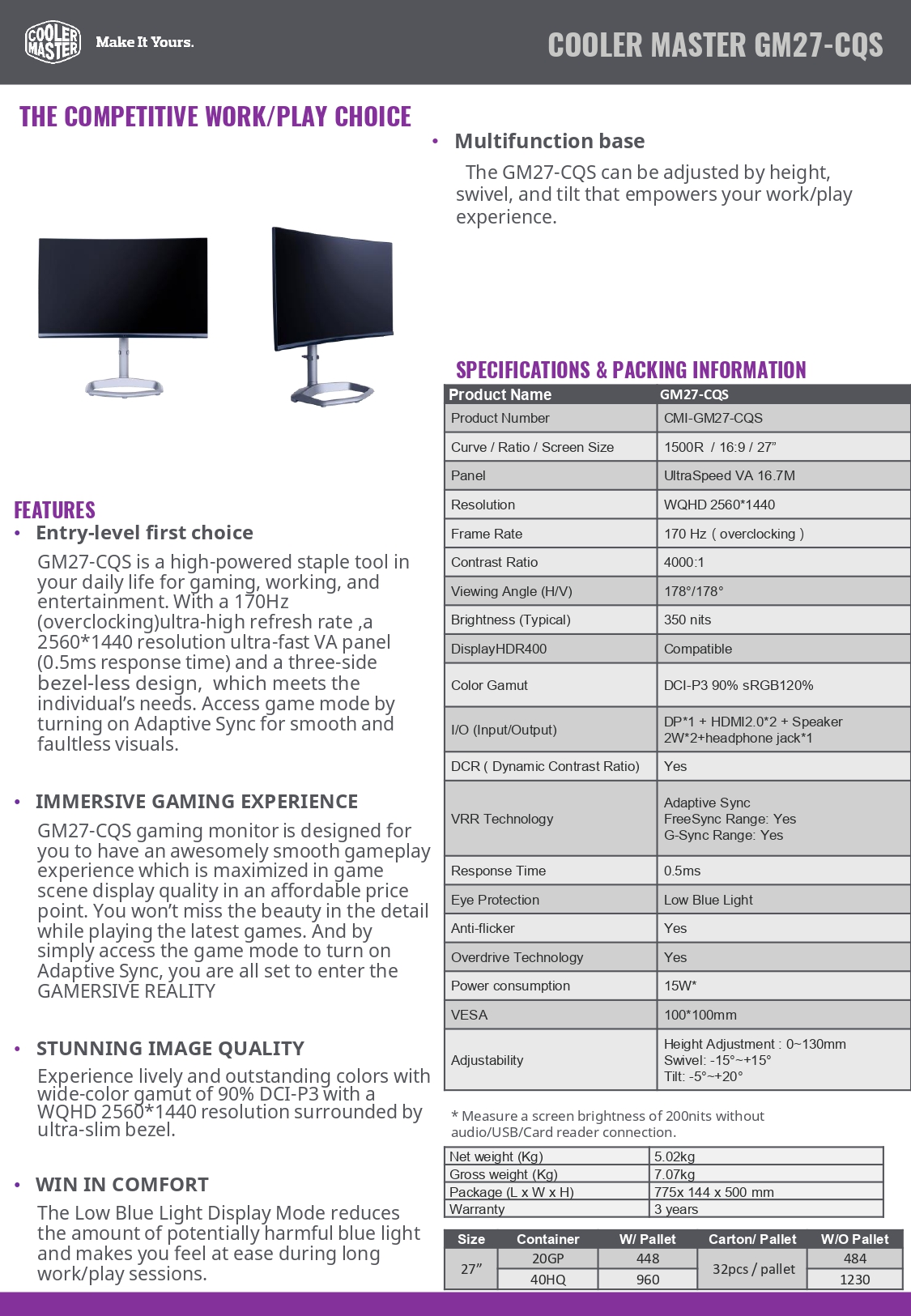 COOLER MASTER GM27-FFS ( FHD@165HZ)/ GM27-CQS(2K@170HZ) 27" GAMING MONITOR ( 27 " IPS FHD ...