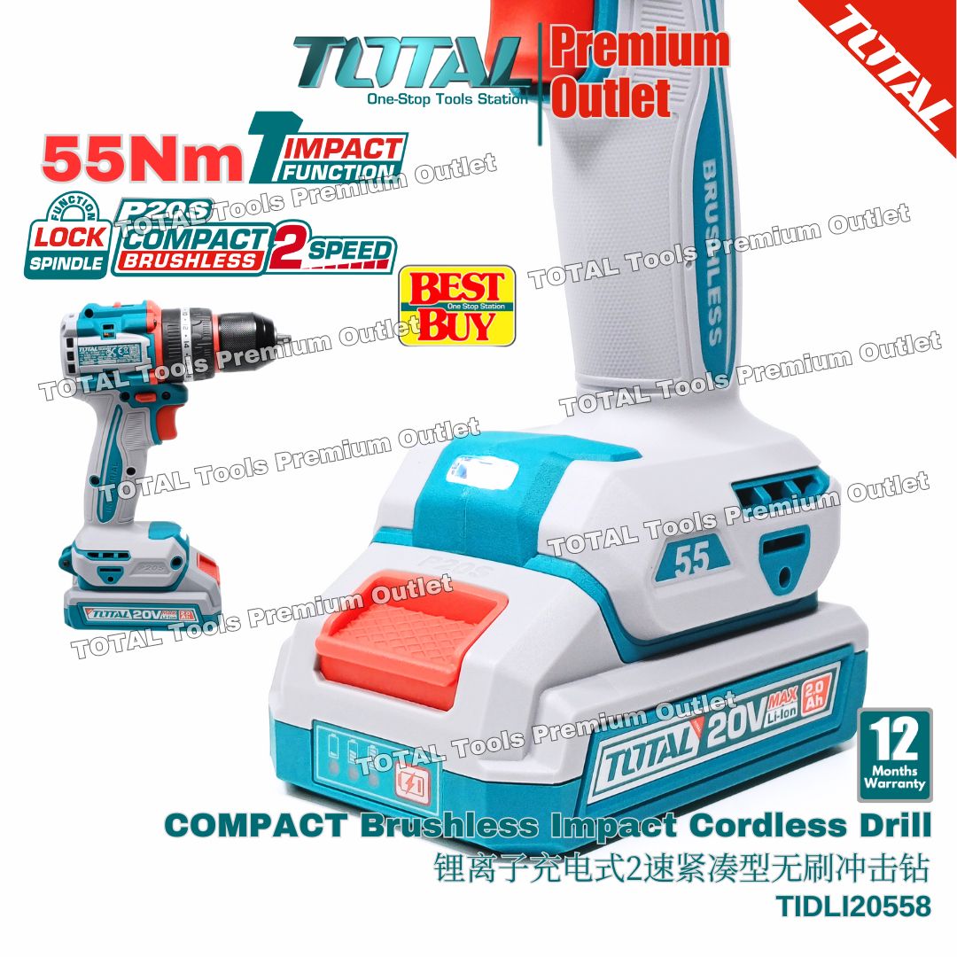 TOTAL Tools 55Nm BL motor compact cordless impact drill w/47 pcs ...