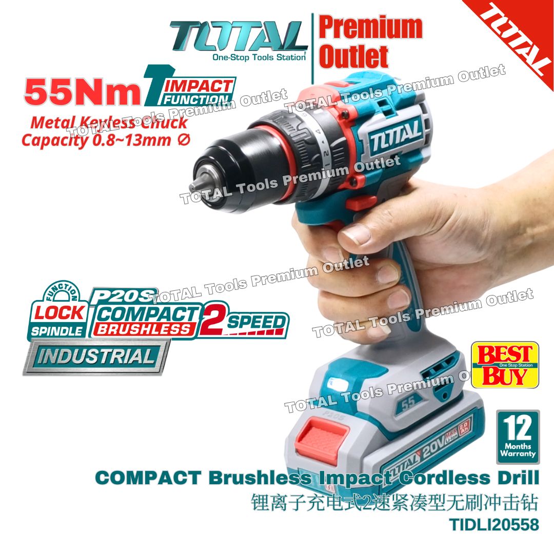 TOTAL Tools 55Nm BL motor compact cordless impact drill w/47 pcs ...