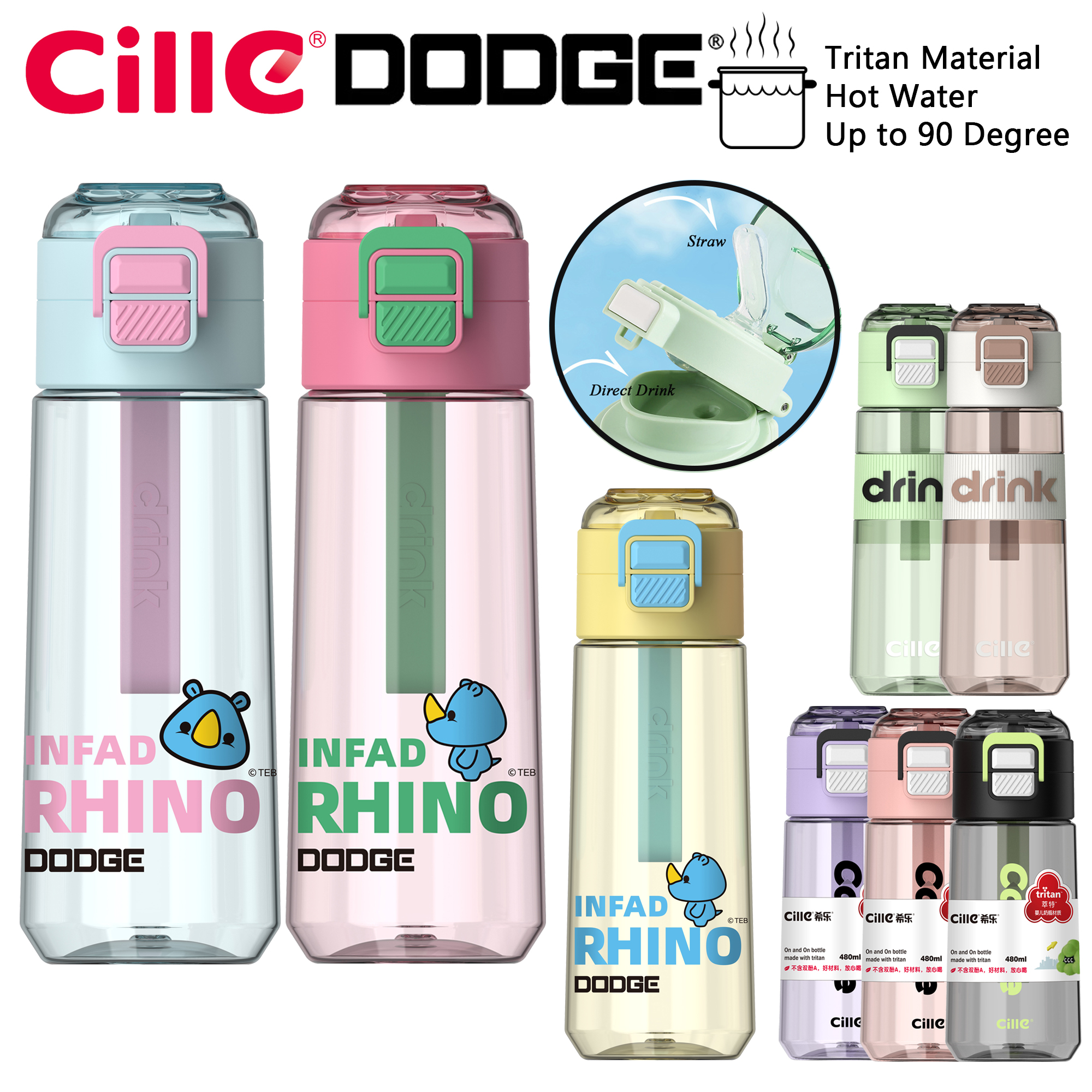 Cille Dodge 480ml/620ml Leisure Style Rhino Dual Head Leakproof Tritan ...