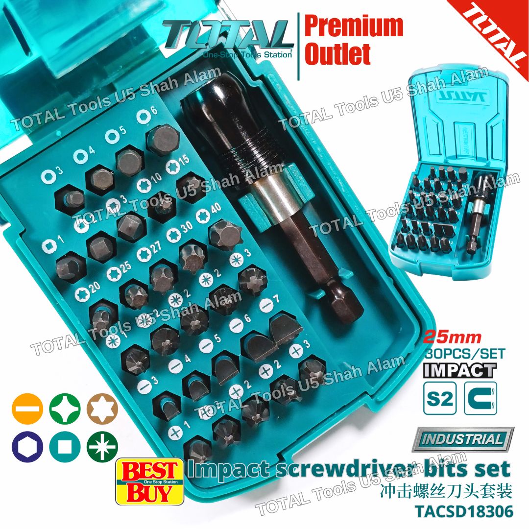 TOTAL Tools 30 Pcs 25mm impact screwdriver bits PH SL3~SL7 PZ T10~T40 ...