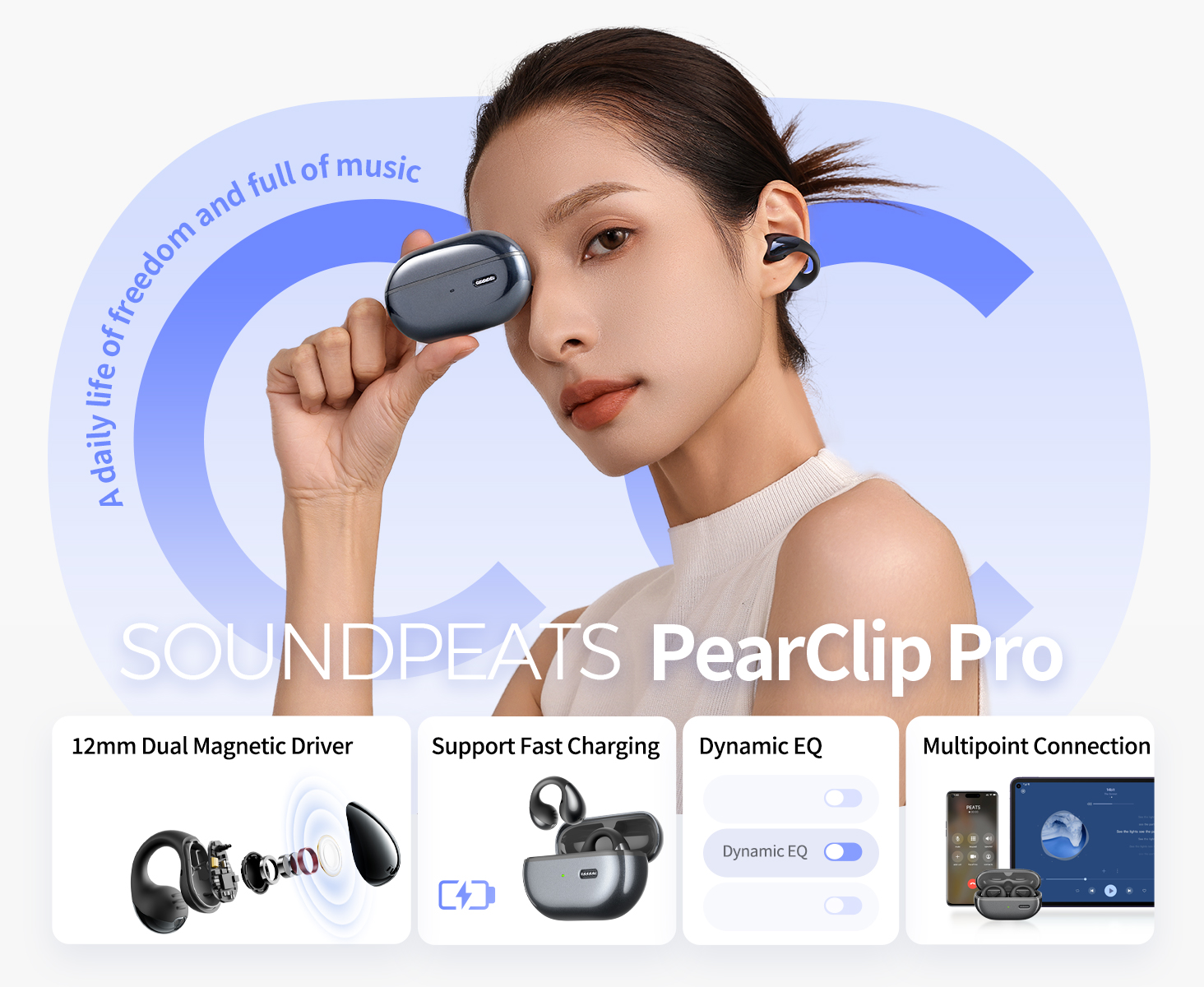 SoundPEATS PearlClip Pro Earphones Open Ear Air Conduction CC Ear Clip ...