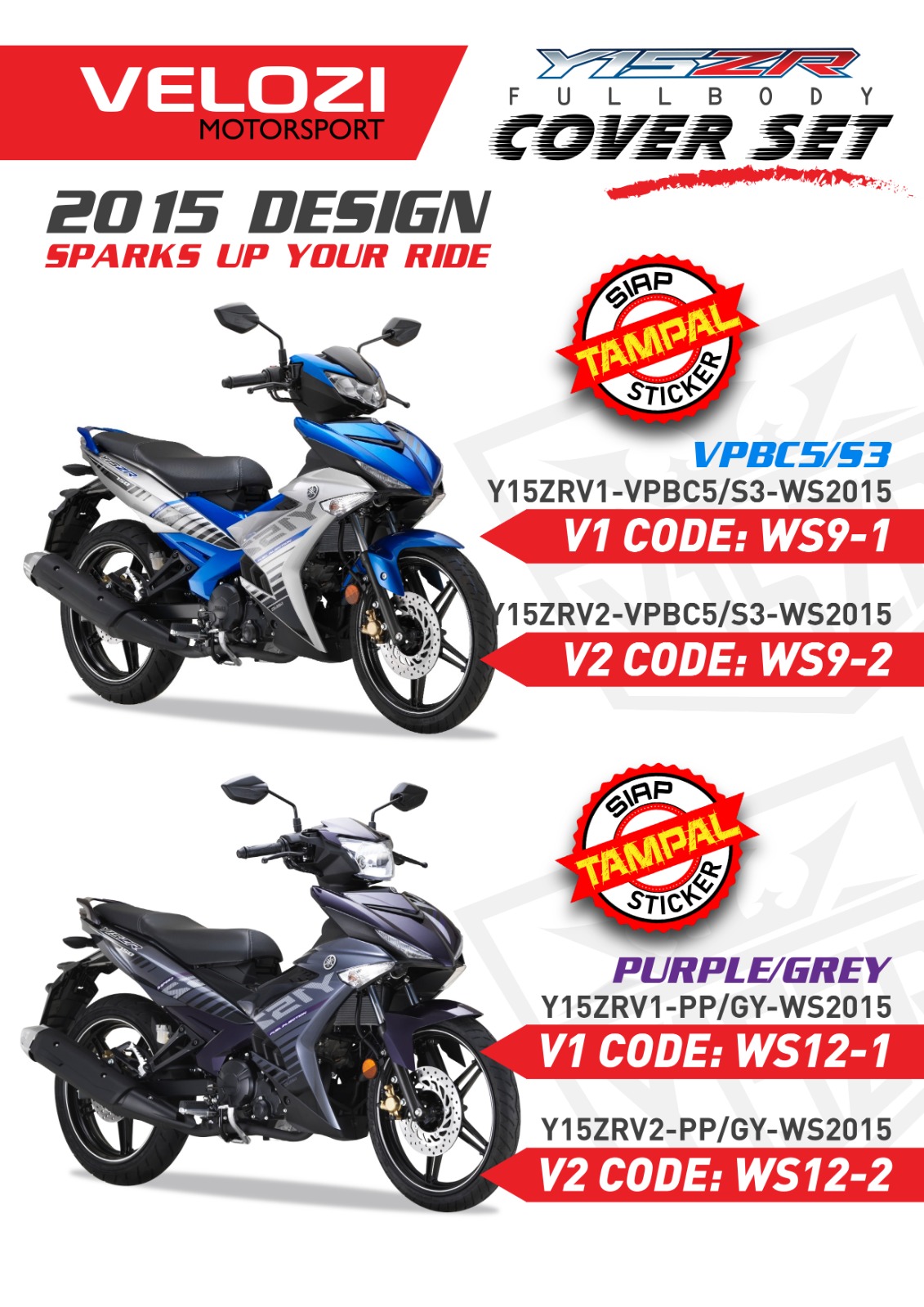 COVERSET Y15ZR V1 V2 PURPLE GREY ORI COLOR HONG LEONG YAMAHA HLY Y15ZR Y15 YSUKU ORIGINAL VELOZI ...