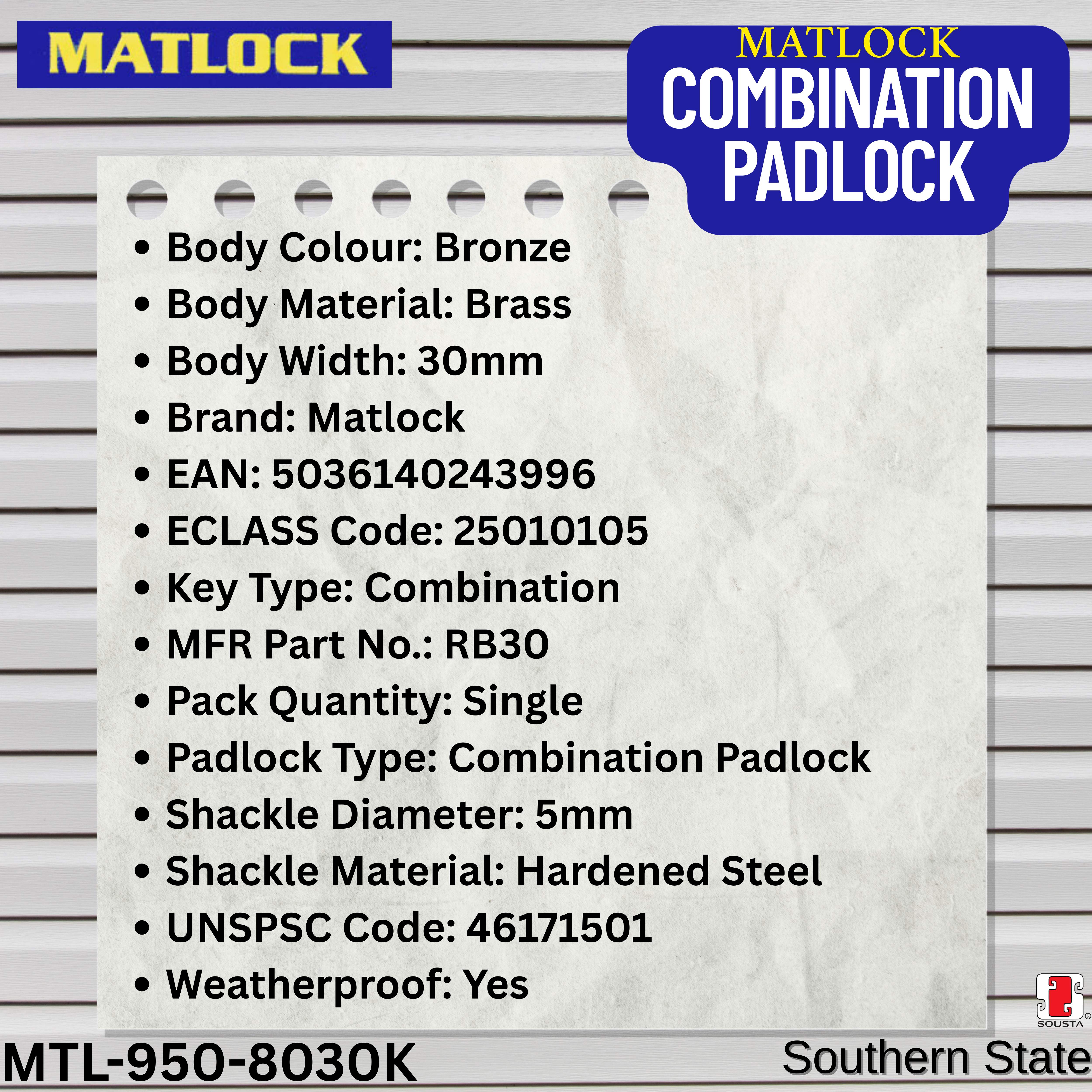 MATLOCK Combination Padlock Lock High Quality Number Lock, Brass ...