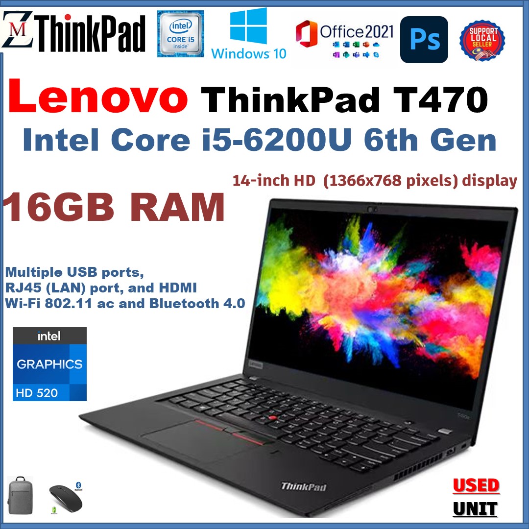 Lenovo ThinkPad T470 Intel Core i5 6th Gen 14 inches Business Laptop (16GB RAM/512GB SSD Windows ...