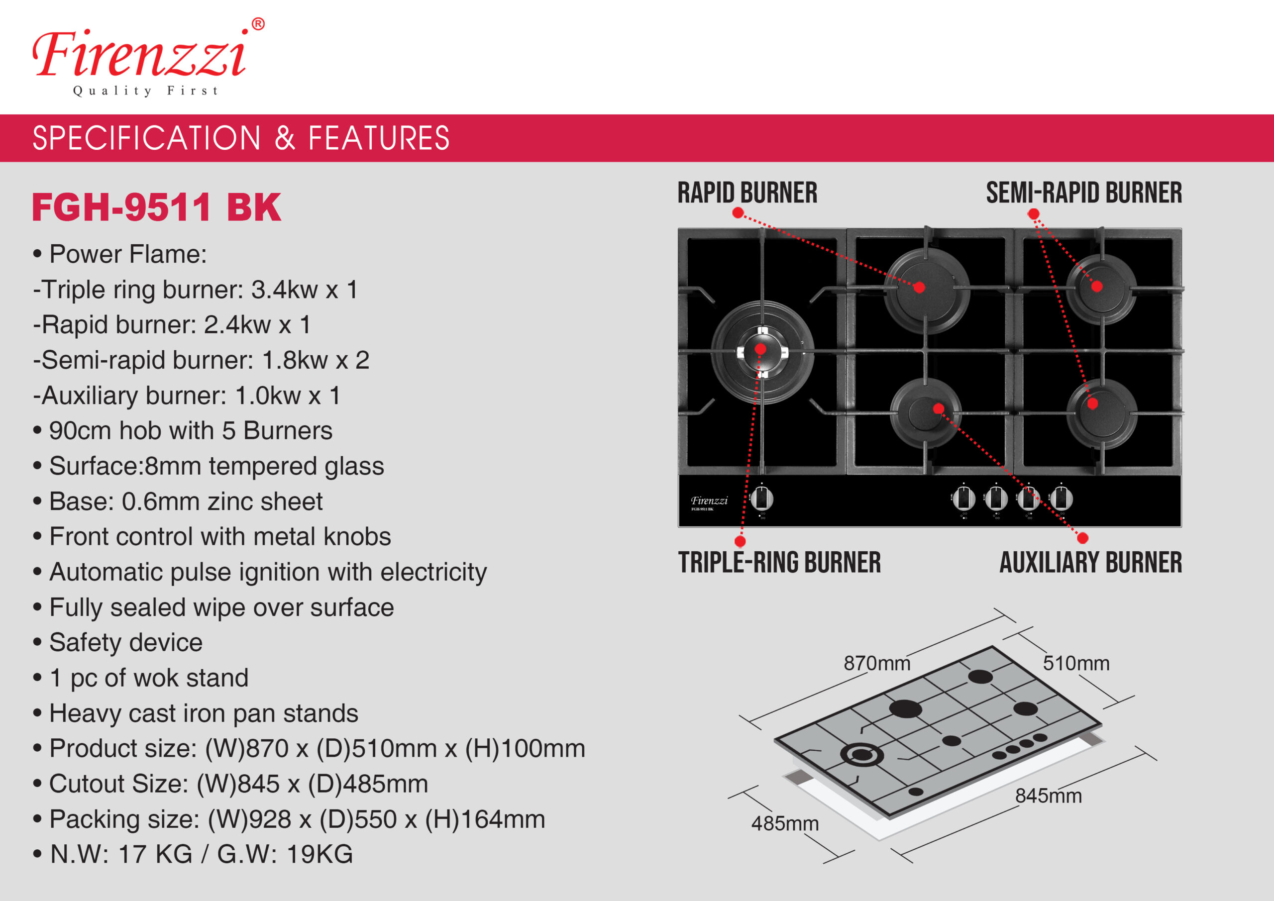 Firenzzi 5 Burners Built-in Gas Hob FGH-9522 SP / FGH-9511 BK / FGH ...