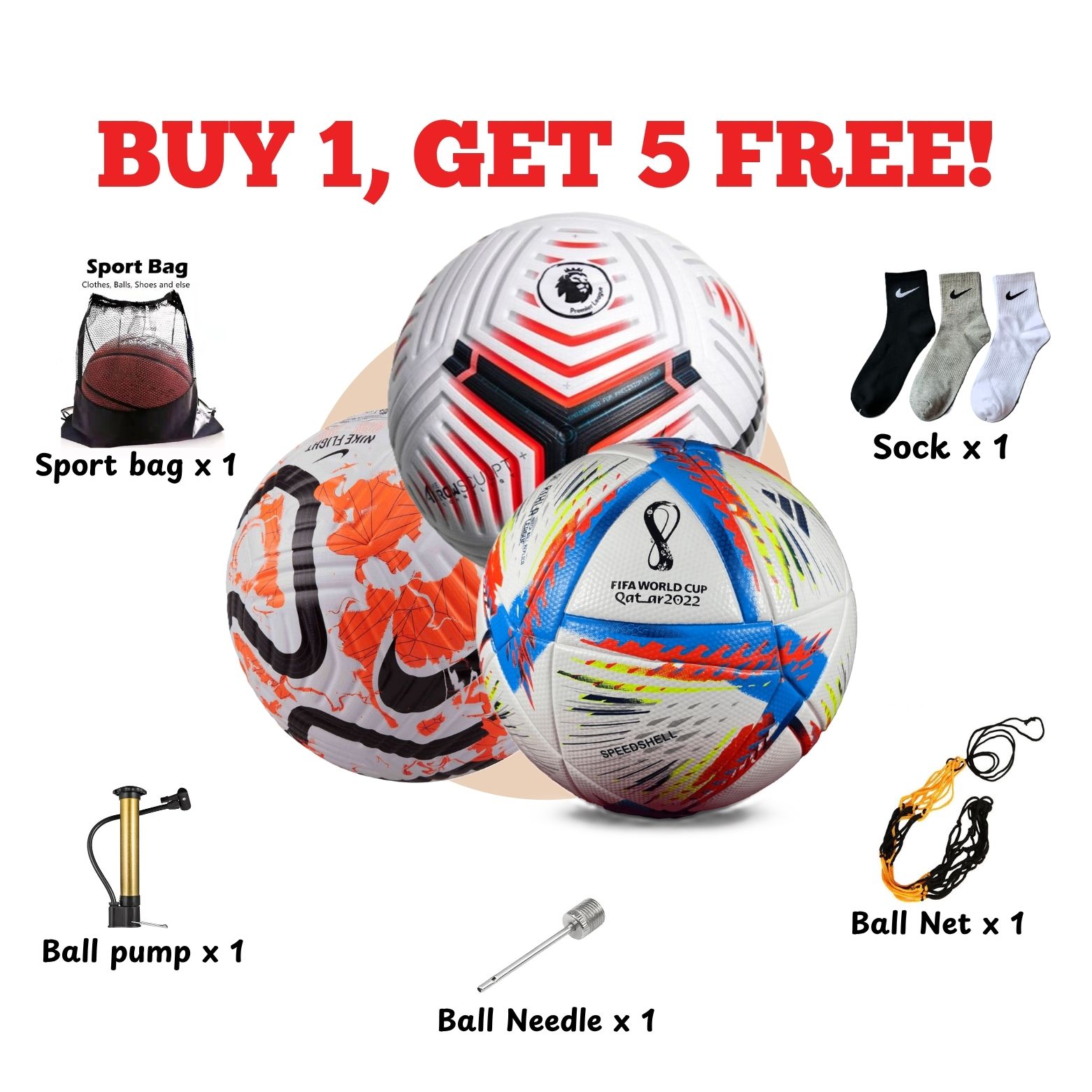 Buy 1 Get 5 Free Size 5 Bola Sepak Ball Premium Football Free Gift Set ...