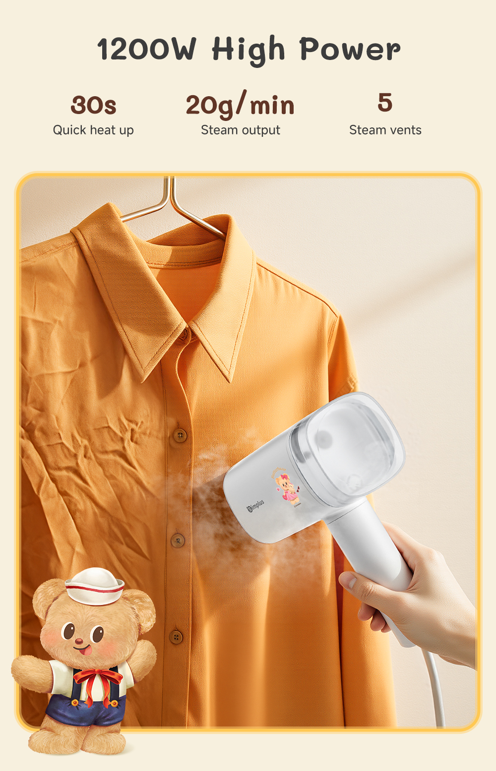 【Simplus×Butterbear】1200W Portable Handheld Iron Garment Steamer 180ML ...