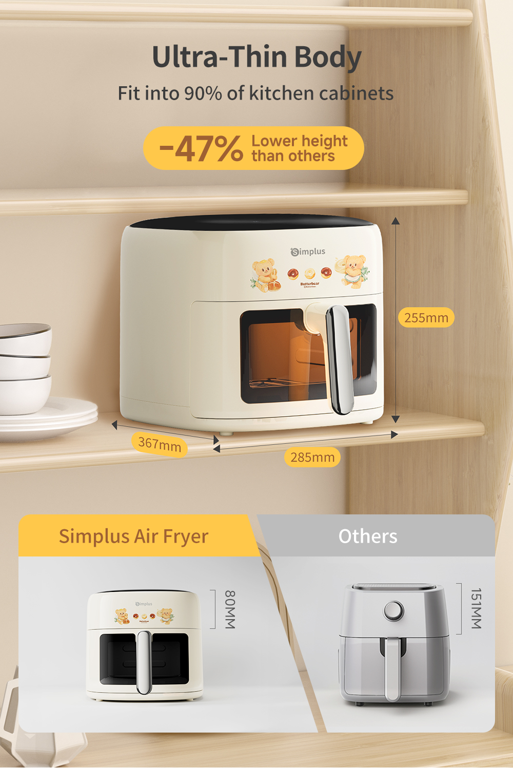 【Simplus×Butterbear】1500W Air Fryer 6.5L Large Capacity Visible Window ...