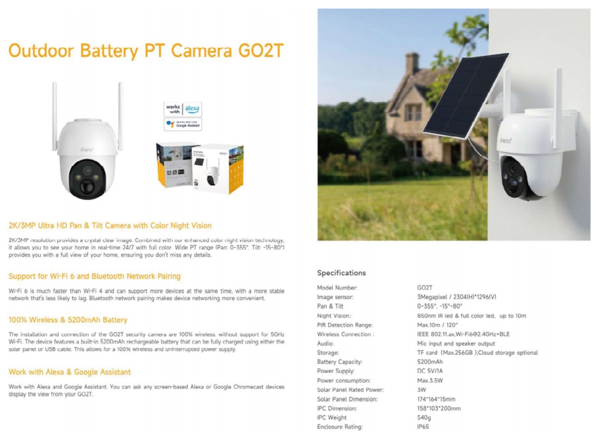 ARENTI GO2T KIT1 3MP Solar Wi-Fi Outdoor Pan/Tilt Battery Wireless ...
