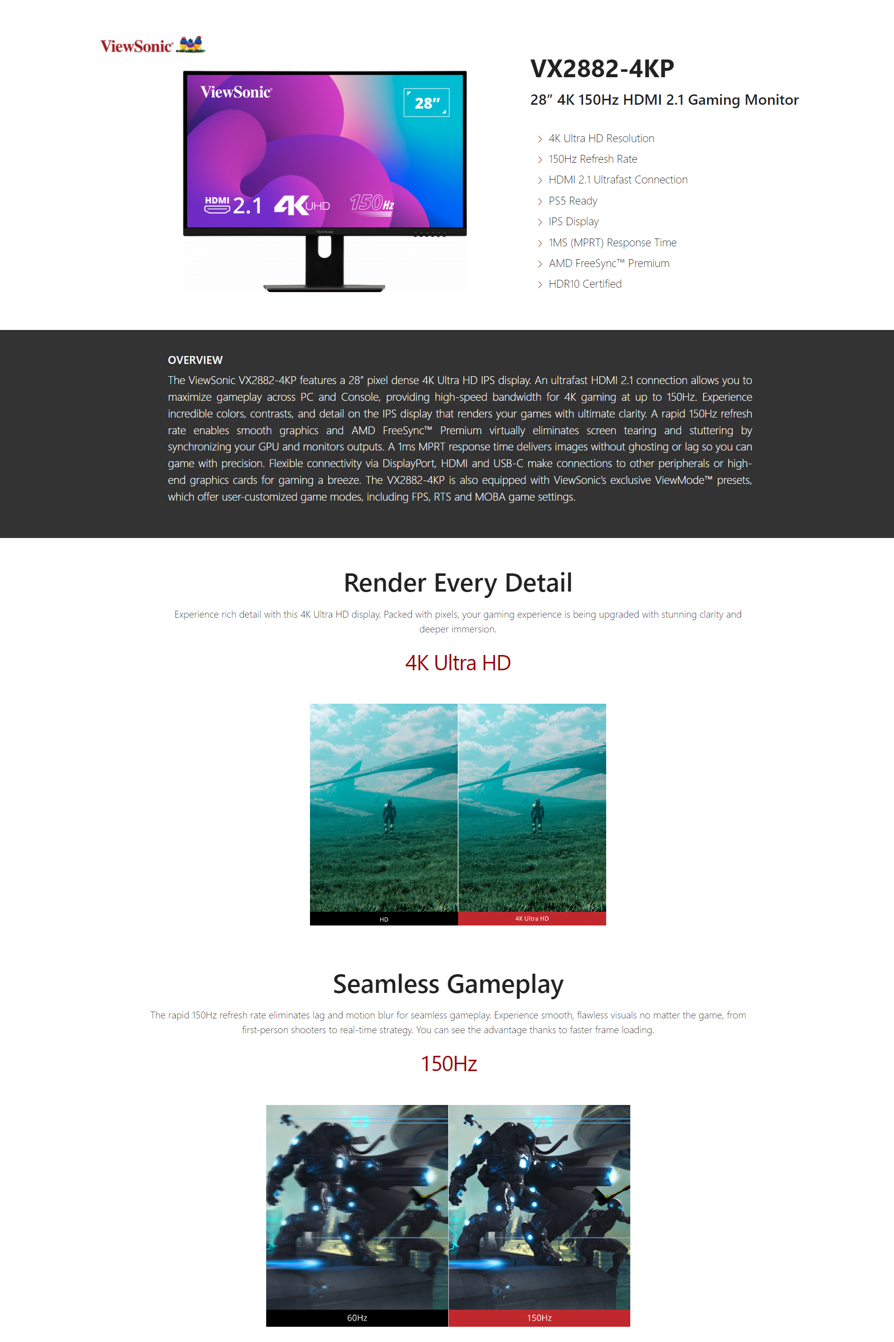 VIEWSONIC 28” VX2882-4KP LED 4K ULTRA HD (3840x2160P @150Hz) SUPER ...