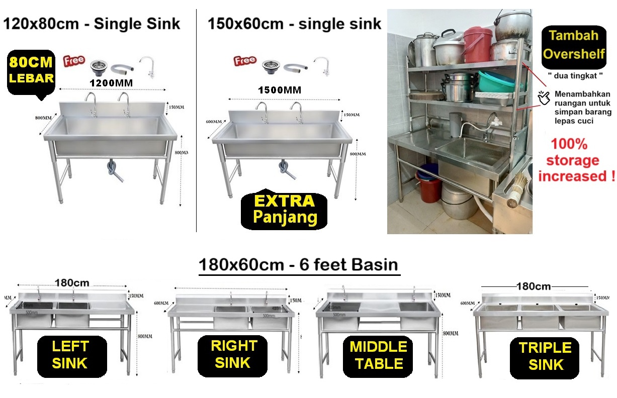 SINKI PANJANG LEBAR STAINLESS STEELBESI TEBAL 不锈钢水槽商用洗盘/BASIN BASUH ...