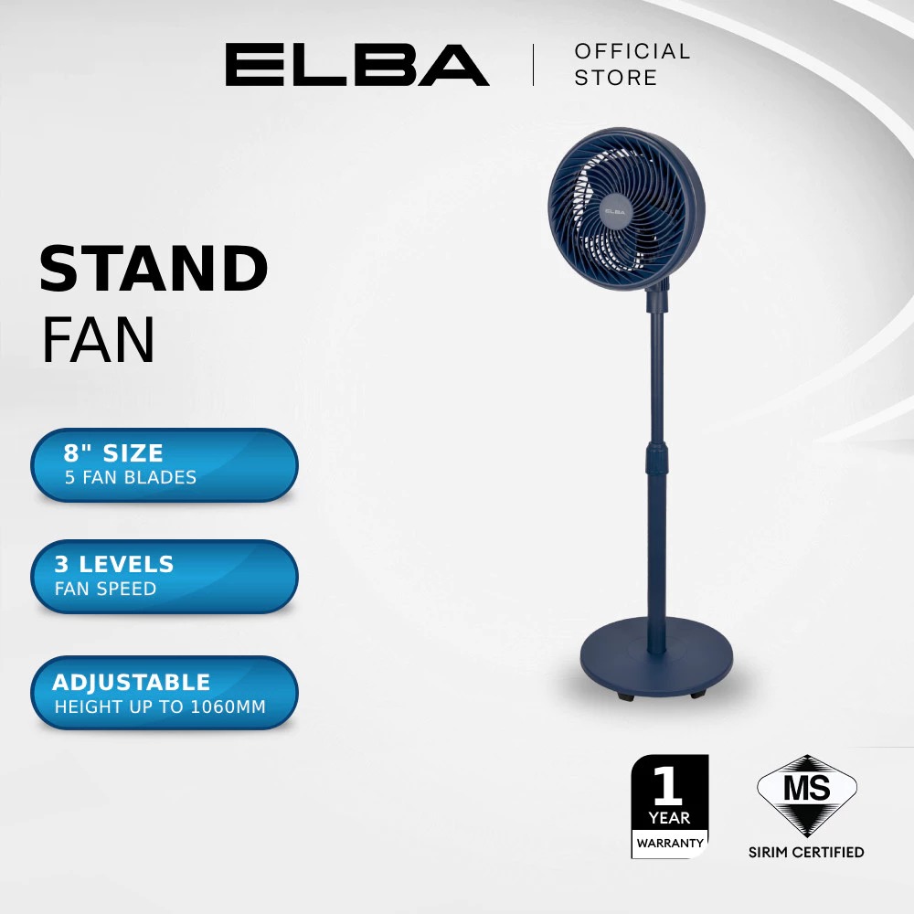 (NEW) ELBA 8" Stand Fan ESF-R0803(BL) - 5 Blades - Blue (8 inches / 90W ...