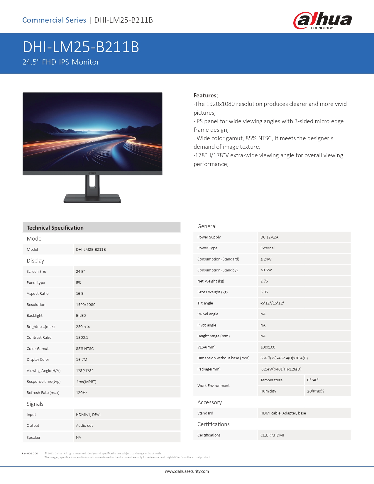 DAHUA 24.5" LM25-B211B FHD (1920×1080 @120HZ) LED IPS PANEL COMMERCIAL LCD MONITOR (1MS, INPUT ...