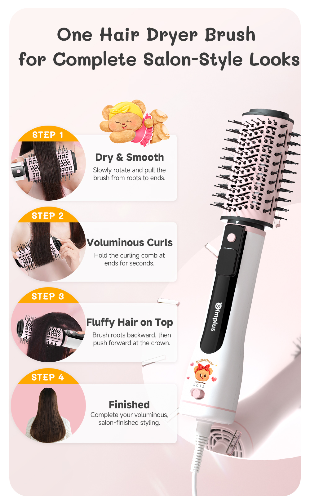 【Simplus×Butterbear】Hair Dryer Brush Dry & Wet 4-In-1 Styling Brush ...