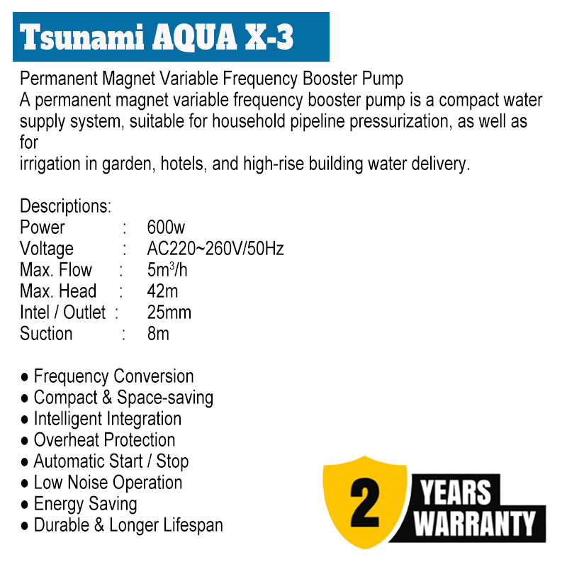 TSUNAMI AQUA-X3 / AQUAX3 BOOSTER PUMP / HOME PUMP MAX FLOW 5M3/HR, 42M ...
