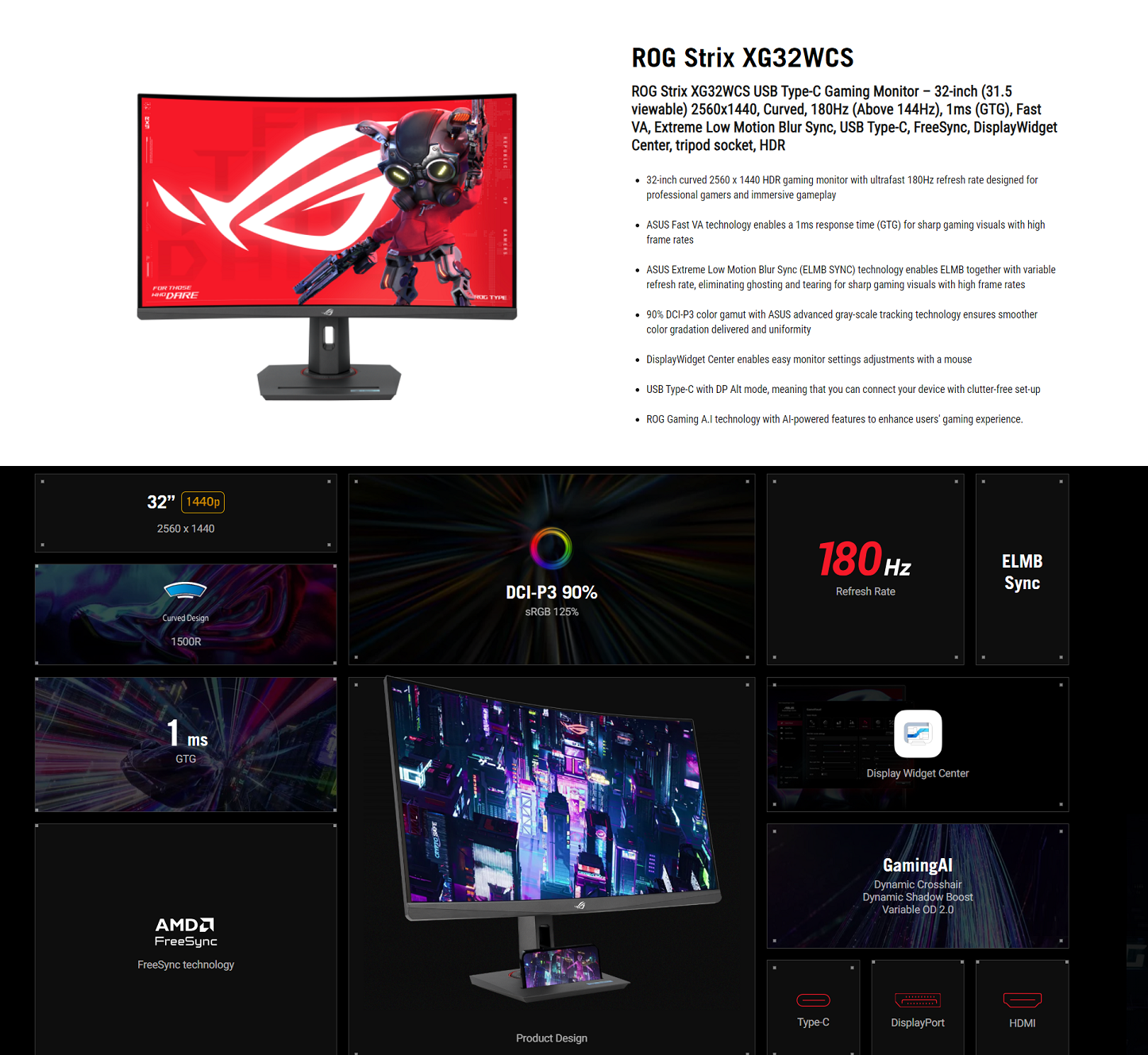 ASUS 31.5" ROG STRIX XG32WCS WQHD (2560x1440 @180Hz) USB TYPE-C CURVED ...