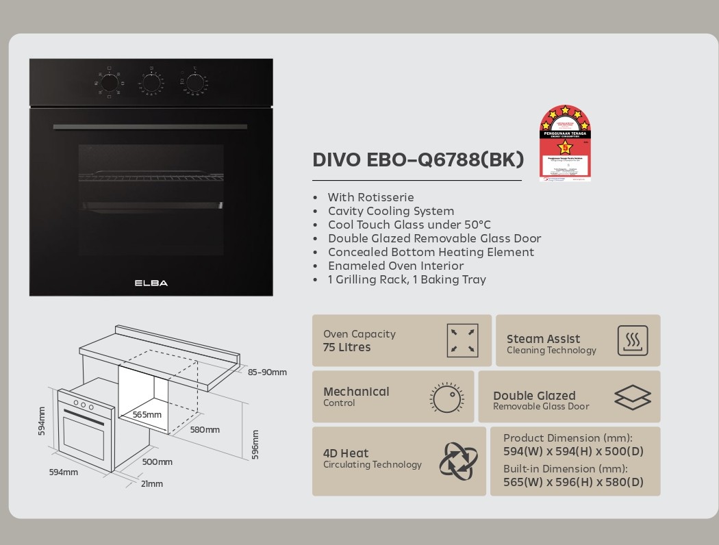 ELBA 75L BUILT-IN OVEN 65L EBO-N6770(BK) 7 FUNCTION Oven Besar Ketuhar ...