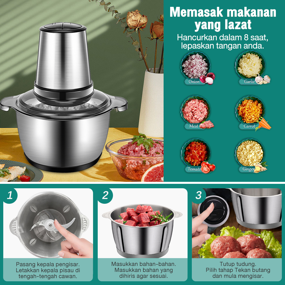 Simmo Chopper Blender Food Processor Meat Grinder 500W 2L Stainless Steel Mixer 4 Cutting Blades ...