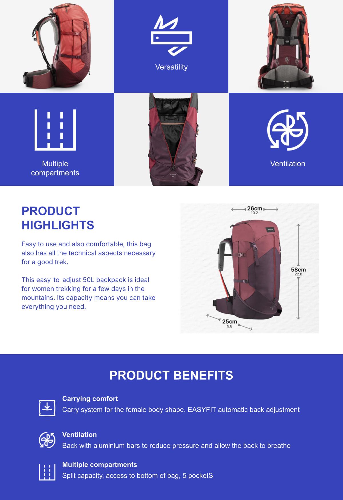 Decathlon Women Trekking 50L Easyfit Backpack MT100 (Carrying Comfort ...