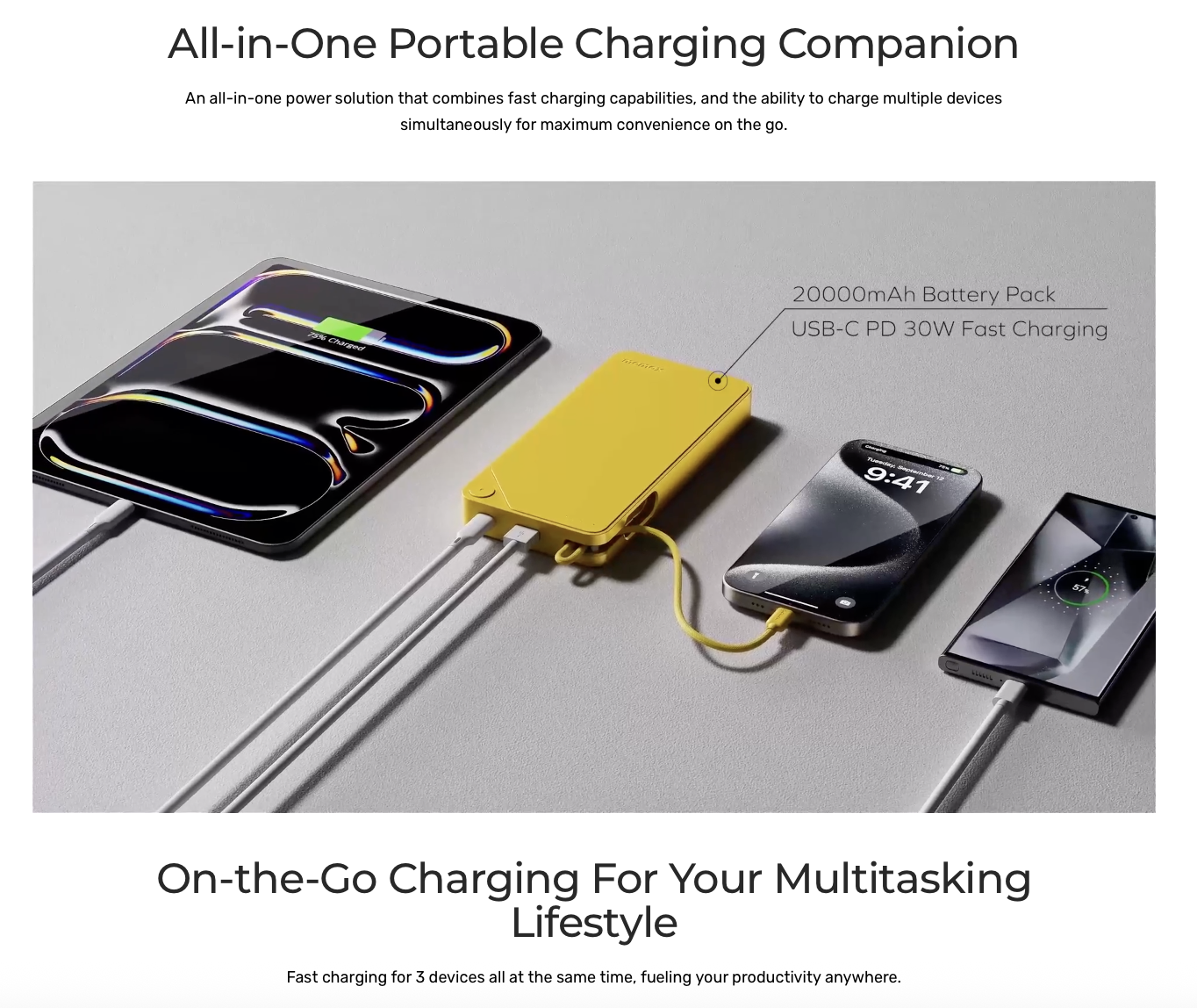 Momax 1-Power X Battery Pack with Built-in USB-C Cable (10000mAh ...