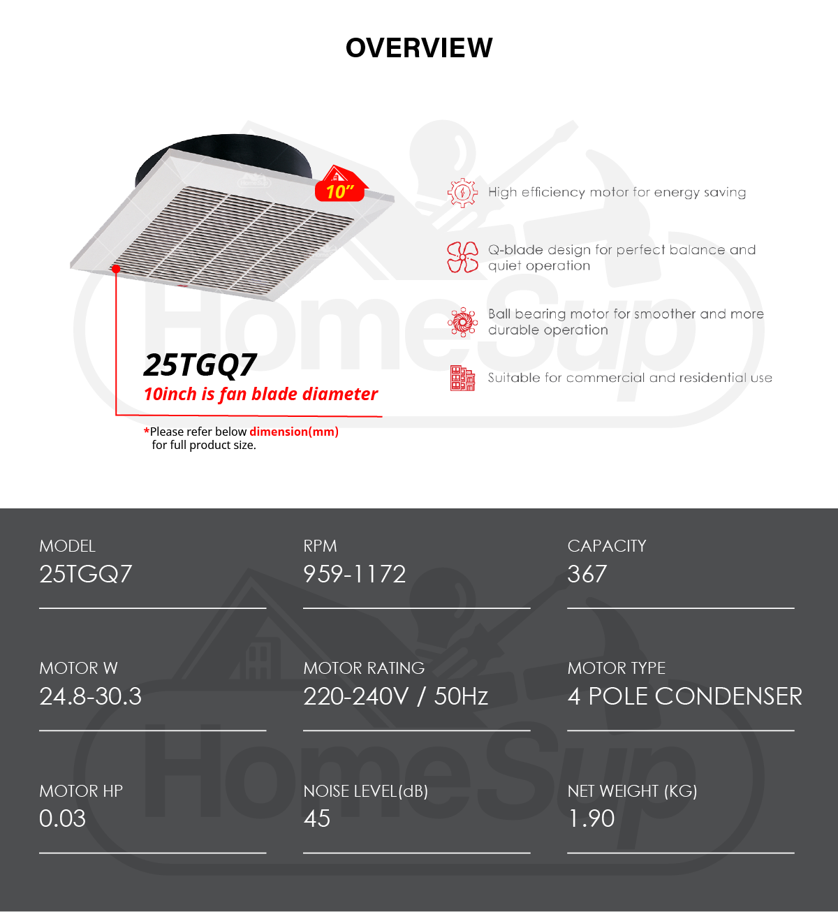 KDK 25Tgq7 Exhaust Fan –10 Inch Fan Blade, Ceiling Mounted Ventilation ...