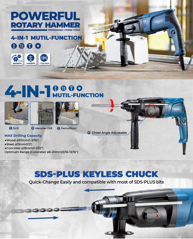 REAIM GBH2-26 Rotary Hammer Drill Electric Impact Drill Tebuk Dinding ...