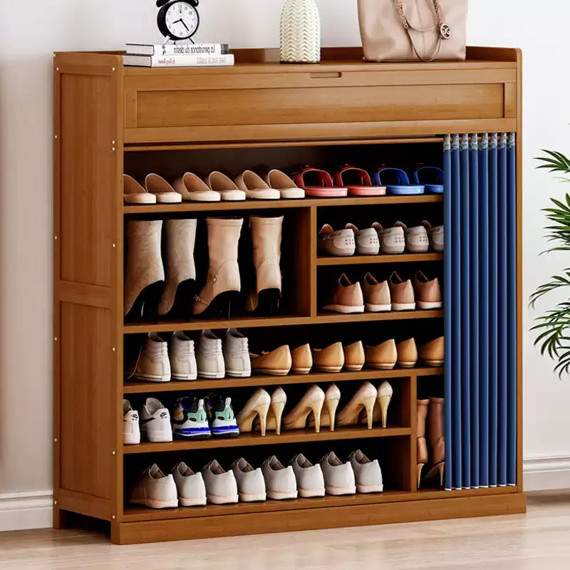 Shoe Rack Shoe Cabinet With Curtain rak kasut kayu 5/6/7/8 Layers Shoe ...