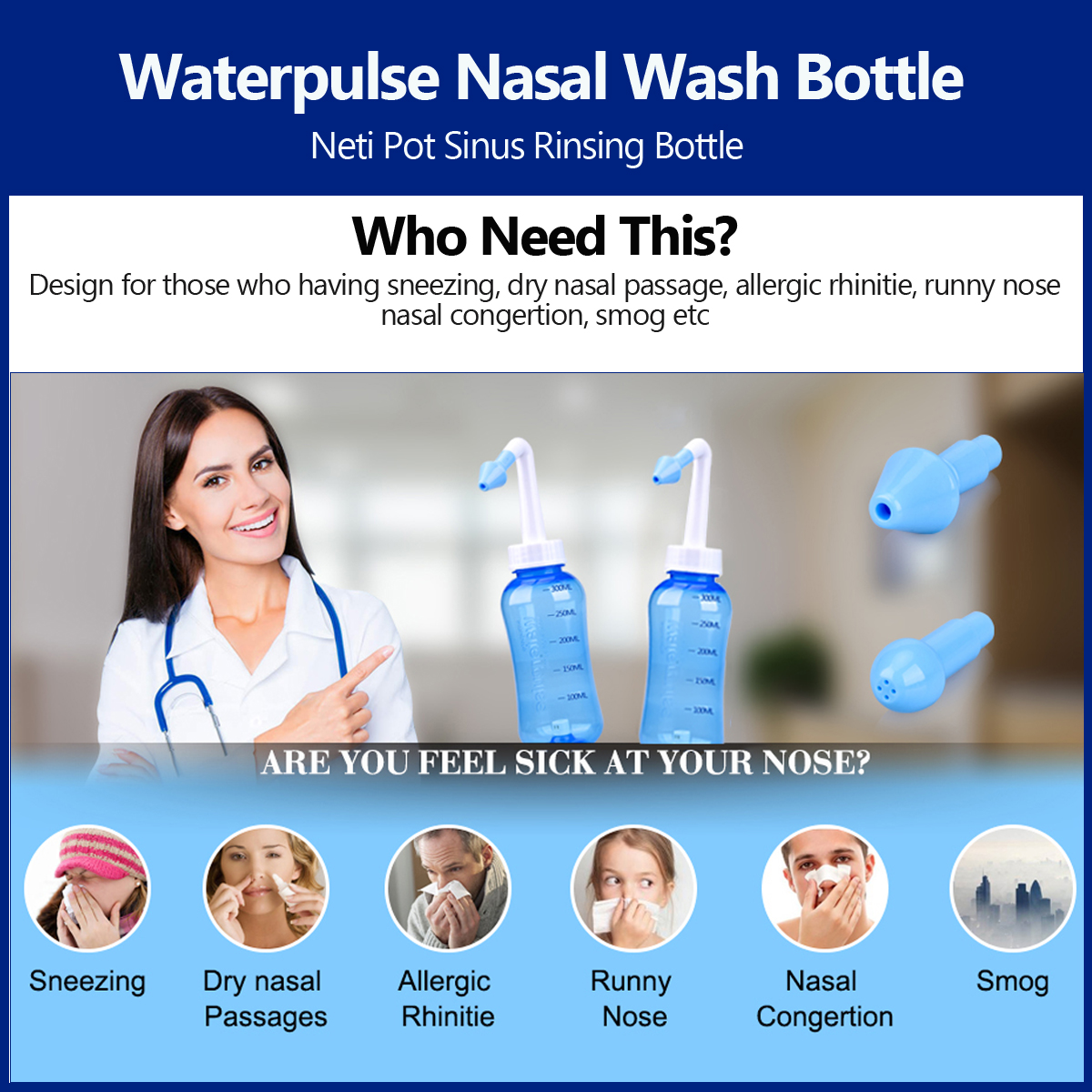 Genuine Water pulse Neti Pot Sinus Rinse Bottle Nose Wash Cleaner ...