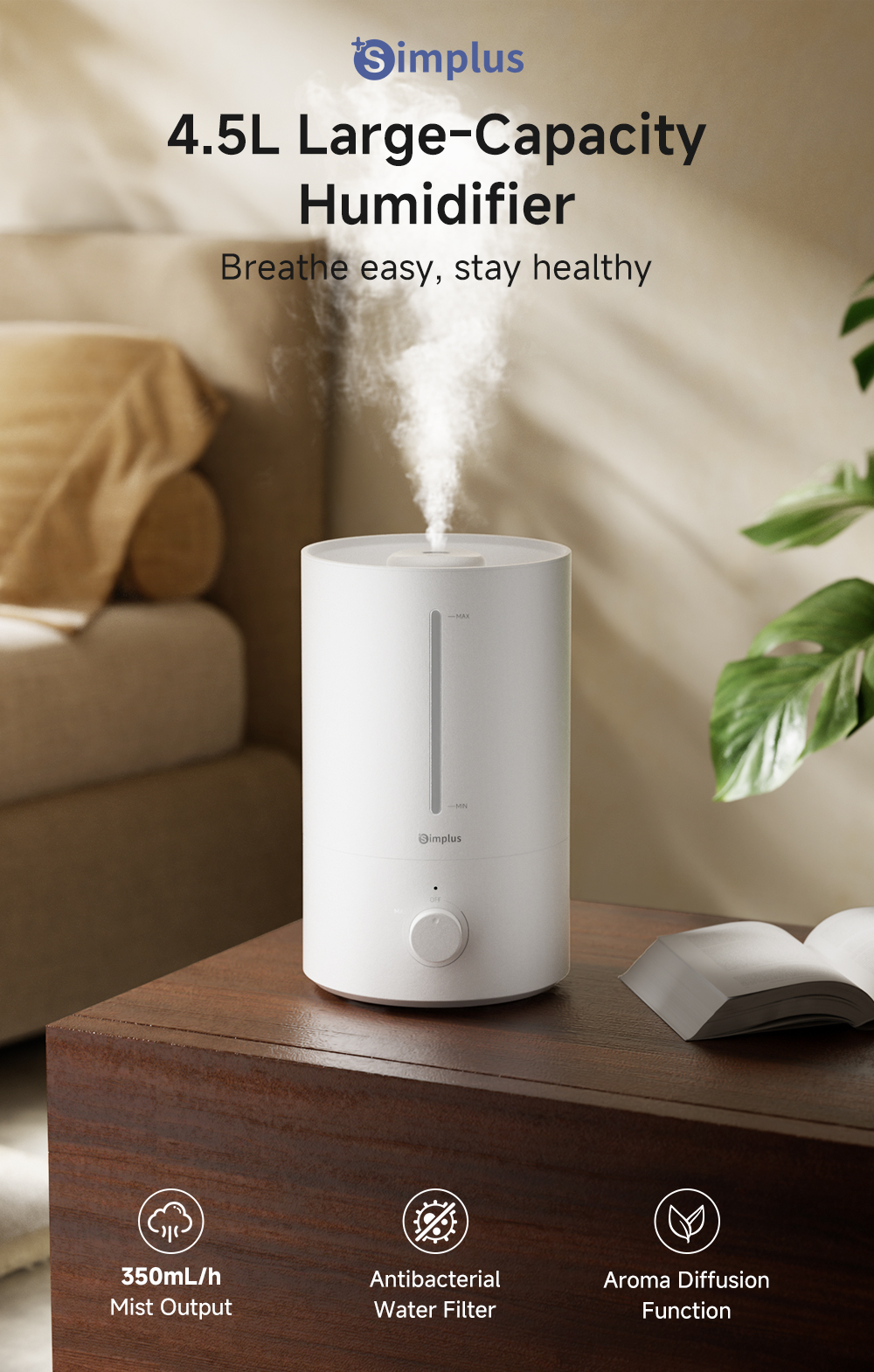 【New Launch】Simplus Humidifier 4.5L Large Water Tank 350mL/h Mist ...