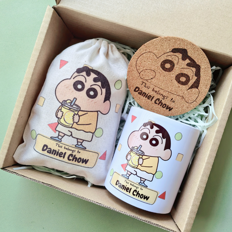 CRAYON SHIN CHAN Customize Name Gift Box Set Hadiah Mug Pouch Coaster ...