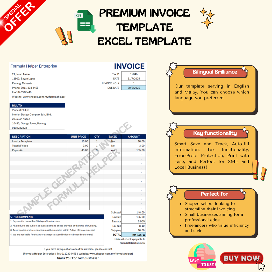 Easy Excel Premium Invoice Template for Small Business (English/Malay ...