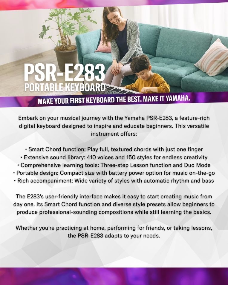 Yamaha PSR-E283 61-Key Feature-Rich Keyboard | 410 Voices, 150 Styles | Smart Chord & Learning ...