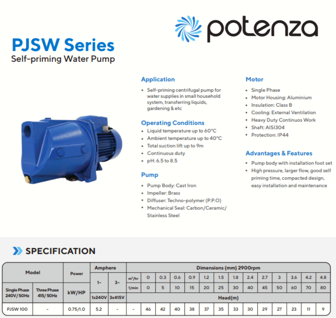 POTENZA MANUAL SELF-PRIMING PUMP (1"X1")(0.75KW,1.0HP,240V,1PH,50HZ ...