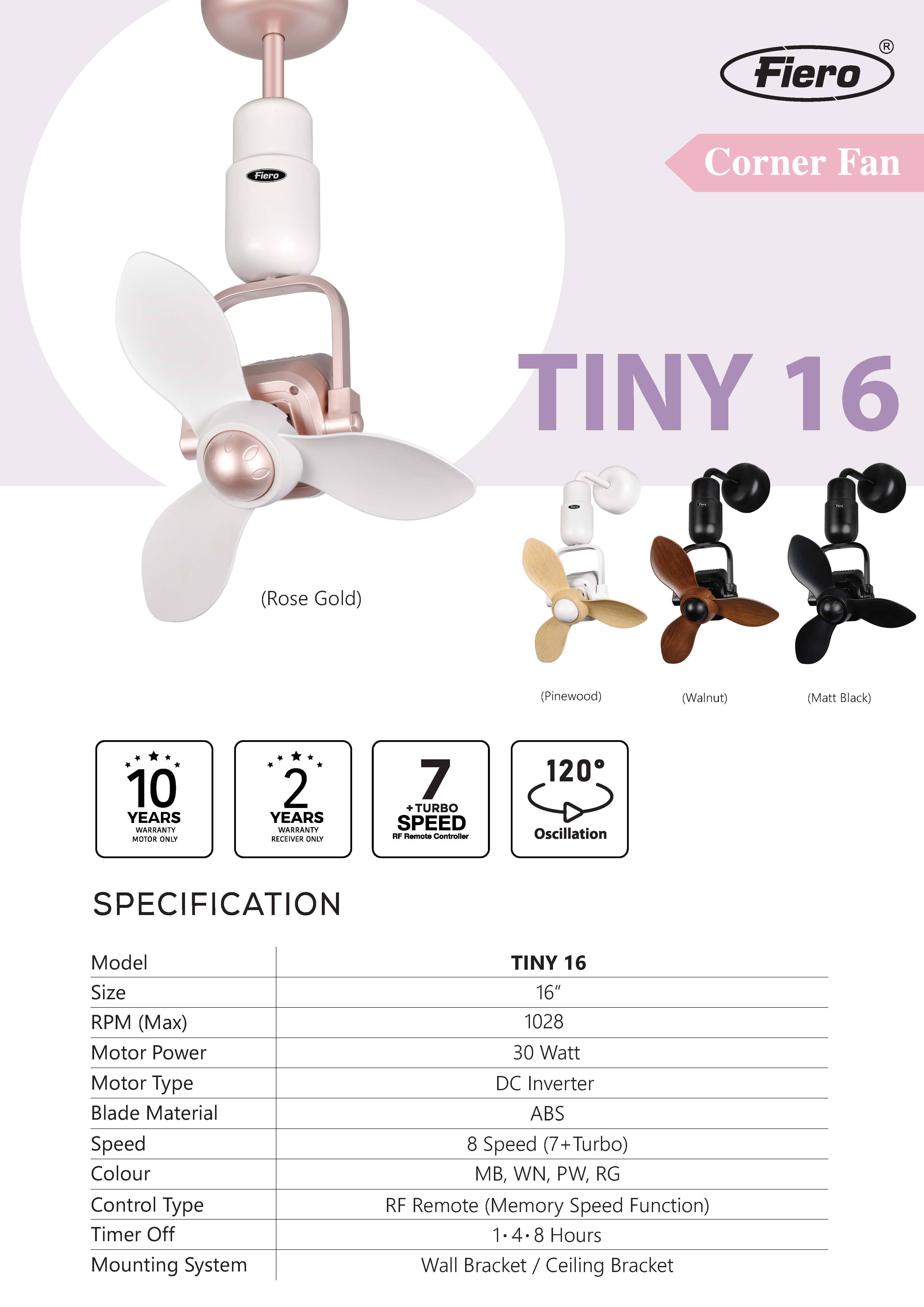 DEKA Fiero TINY 16 Corner Fan Ceiling Wall Fan 16" Inch DC Motor SIRIM Remote Control 120° Swing ...