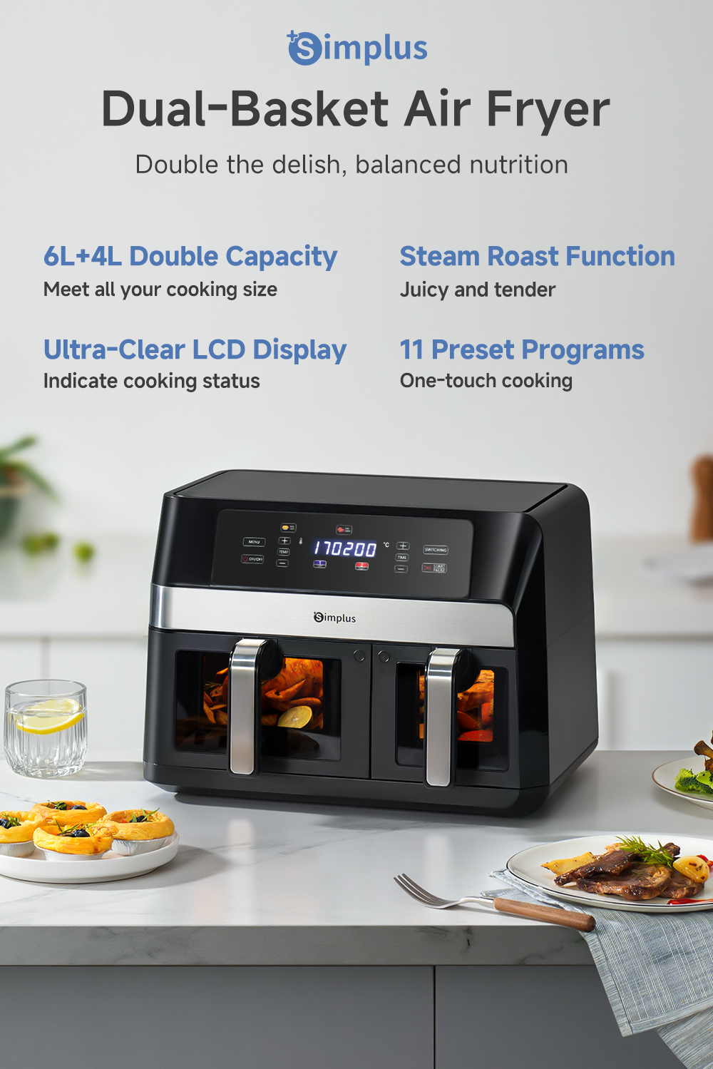 Simplus Air Fryer | 2800W丨Dual Baskets | 10L Ultra Large Capacity | LCD ...