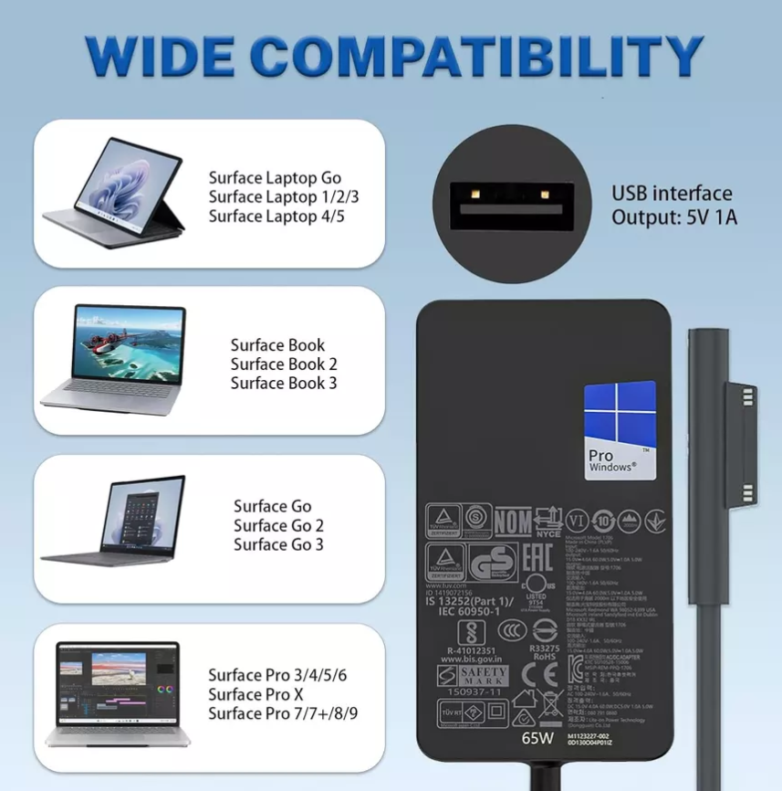 Microsoft 65W Laptop Charger for Surface Pro10/9/8/7/6/5/4/3/X and ...