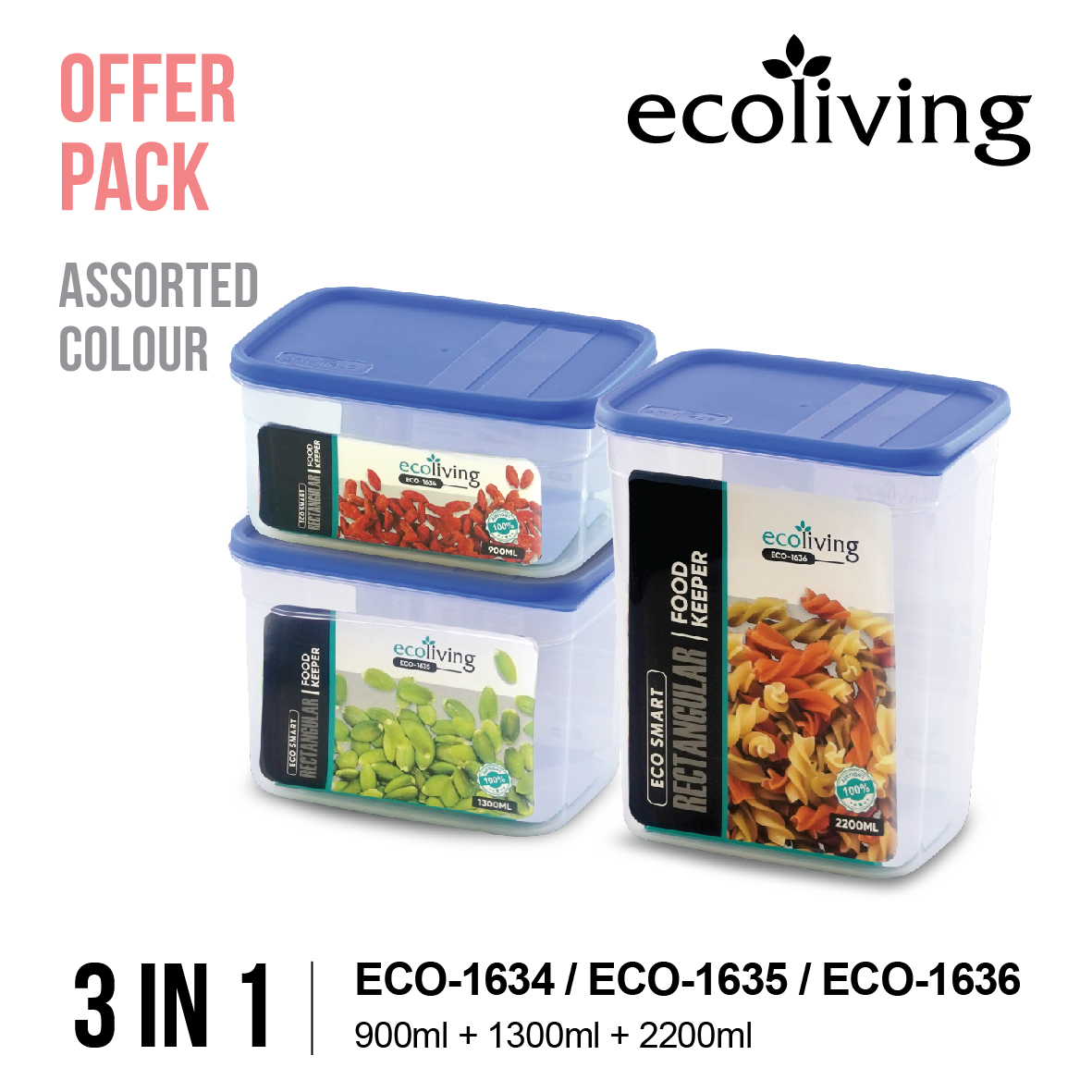 ECO LIVING OFFER PACK 900ml/1.3/2.2LTR Rect.Airtight Freezer ECO Smart ...
