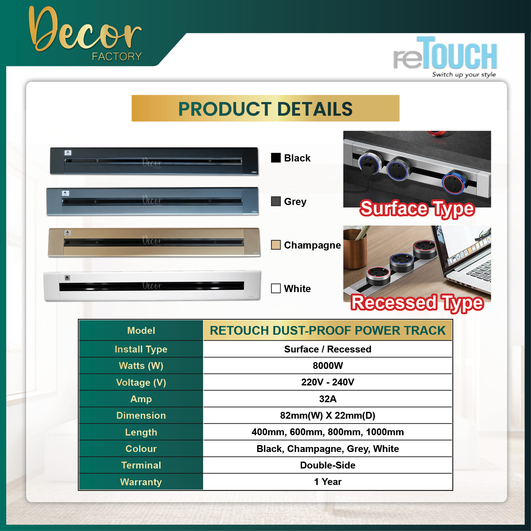 RETOUCH Power Track 400/600/800/1000mm 32A Power Rail Power Line Socket ...