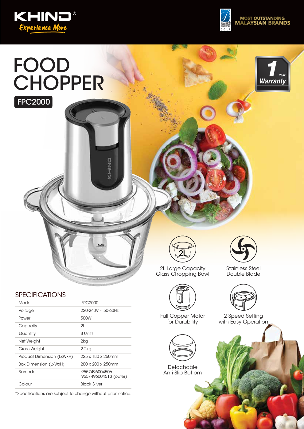 Khind Food Chopper Mini Food Processor 2L Large Capacity Hygienic and ...