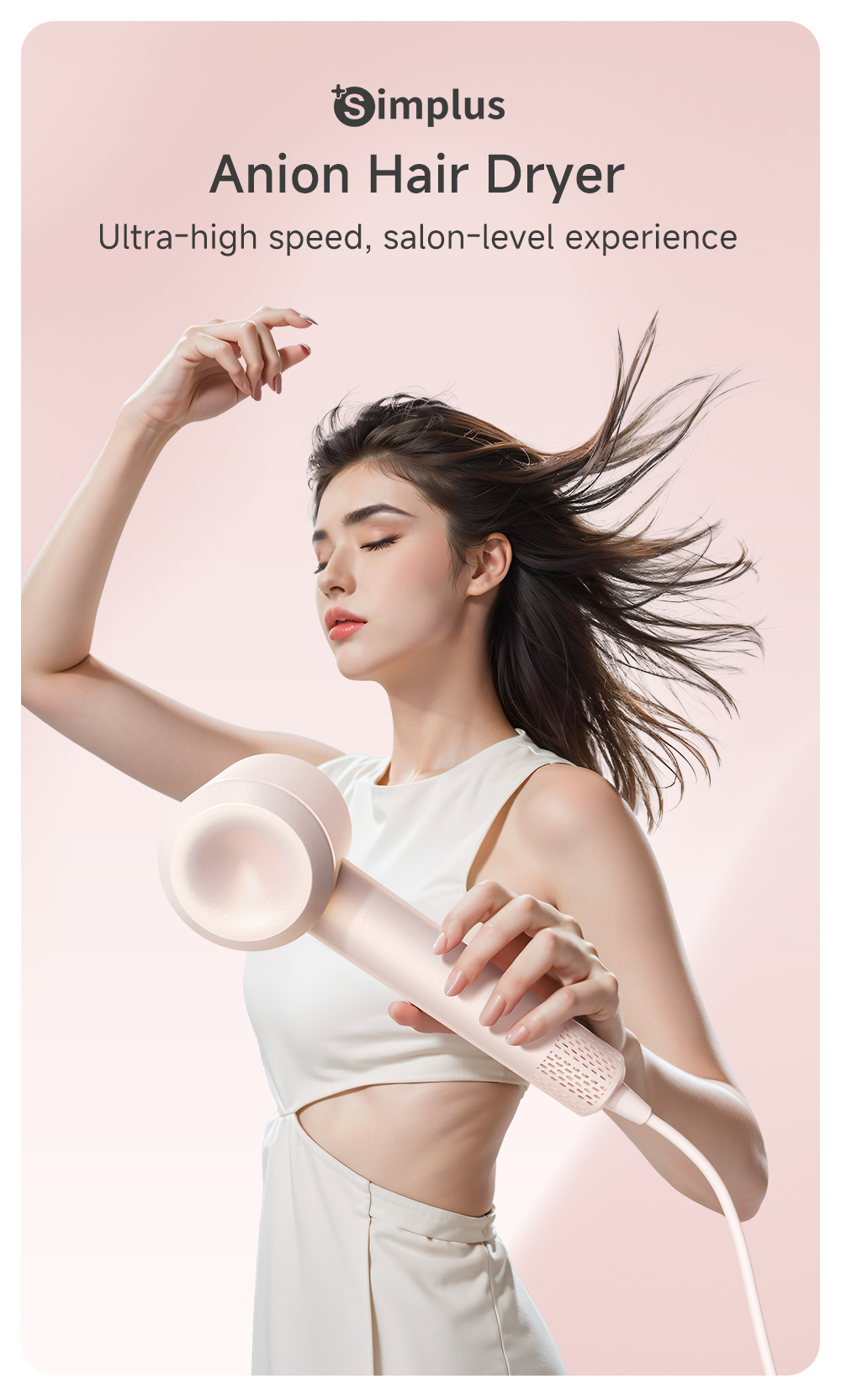 Simplus Pink Ultra High Speed Hair Dryer 65M/S 1400W 400 Million Neagtive Ions 4 Modes ...