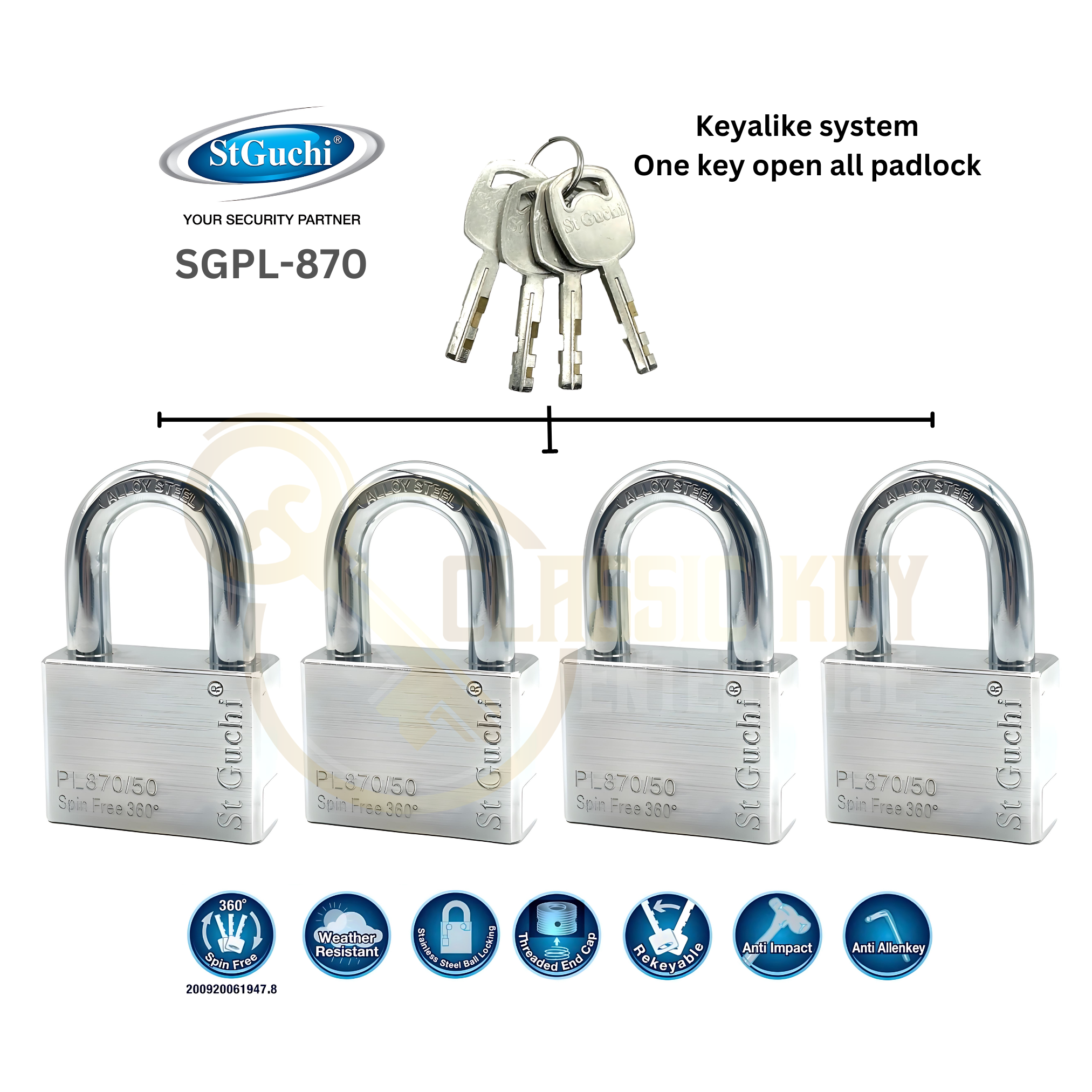 St Guchi Padlock Heavy Duty Model SGPL-870 Spin free (Size 50mm x 4pcs ...
