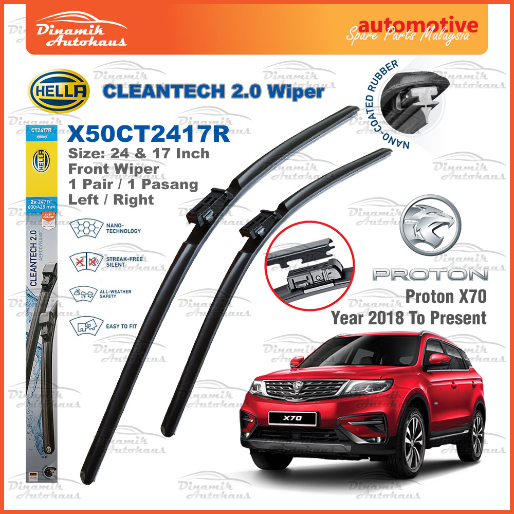 Proton X70 SUV Car Windscreen Front Wiper Size 24" & 17" Inch (1 Pair) Hella CleanTech CT2417R ...