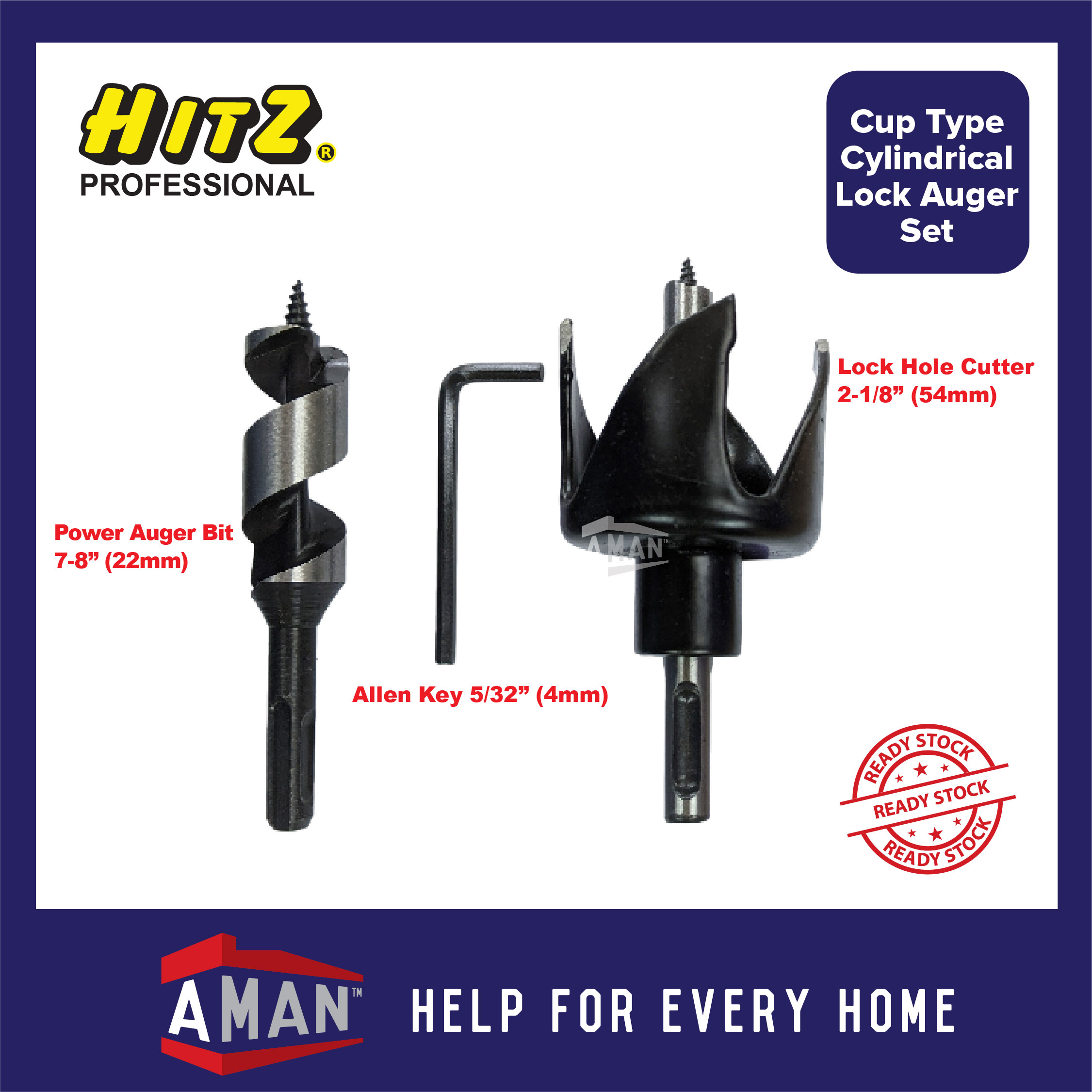 HITZ 3 In 1 Cylindrical Lock Auger Set Cup Type Wood Door Lock Handle ...