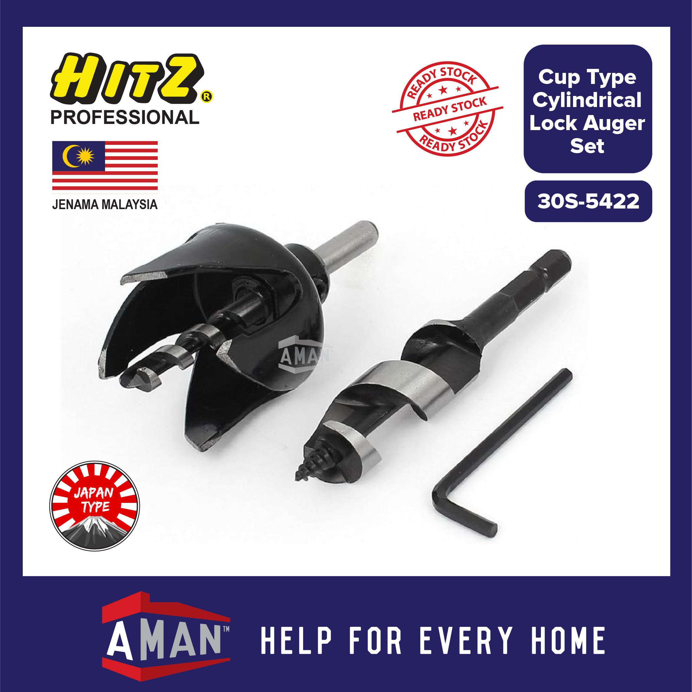 HITZ 3 In 1 Cylindrical Lock Auger Set Cup Type Wood Door Lock Handle ...