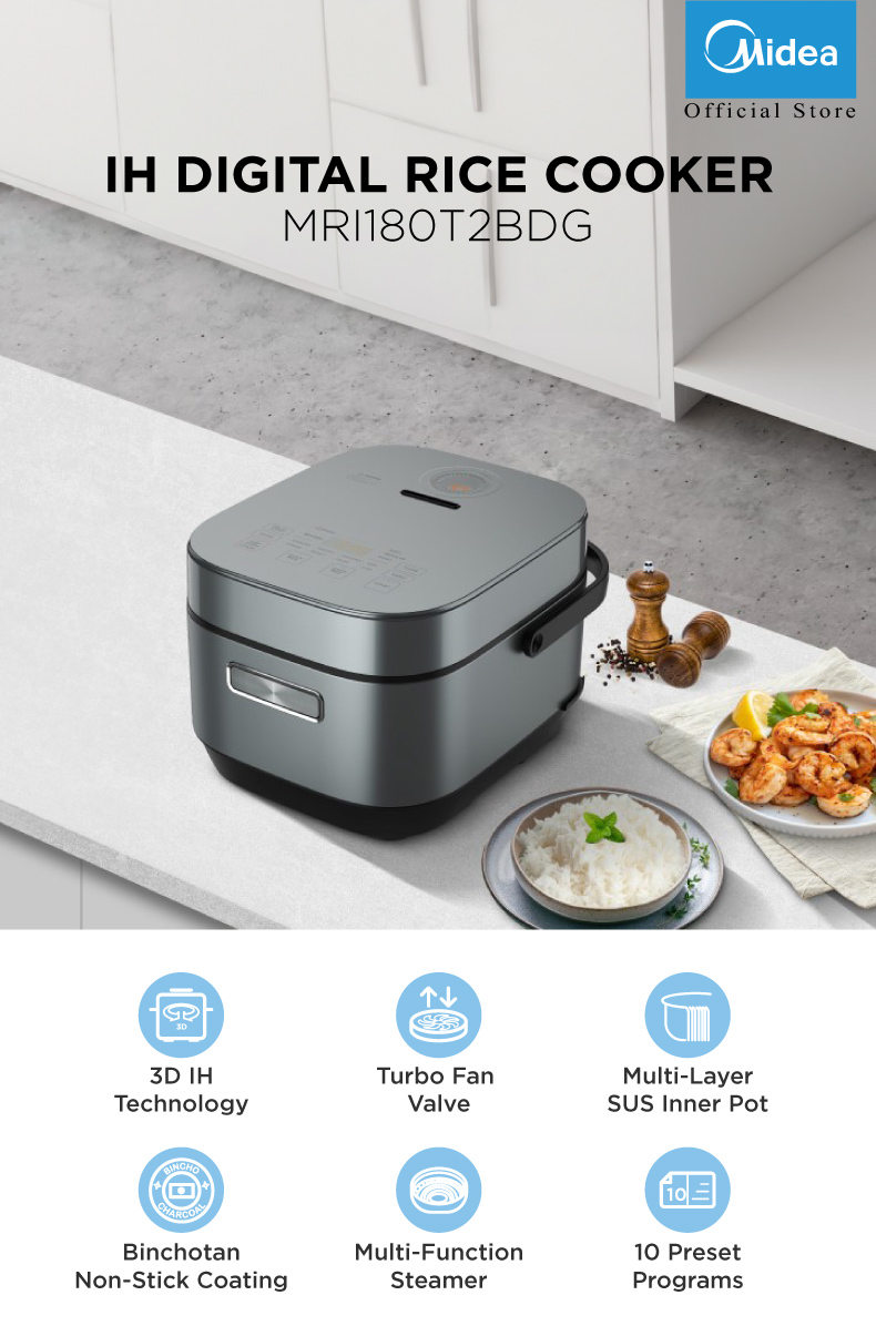 Midea MRI180T2BDG 1.8L Digital Rice Cooker With 10 Preset Menus & 3D IH ...